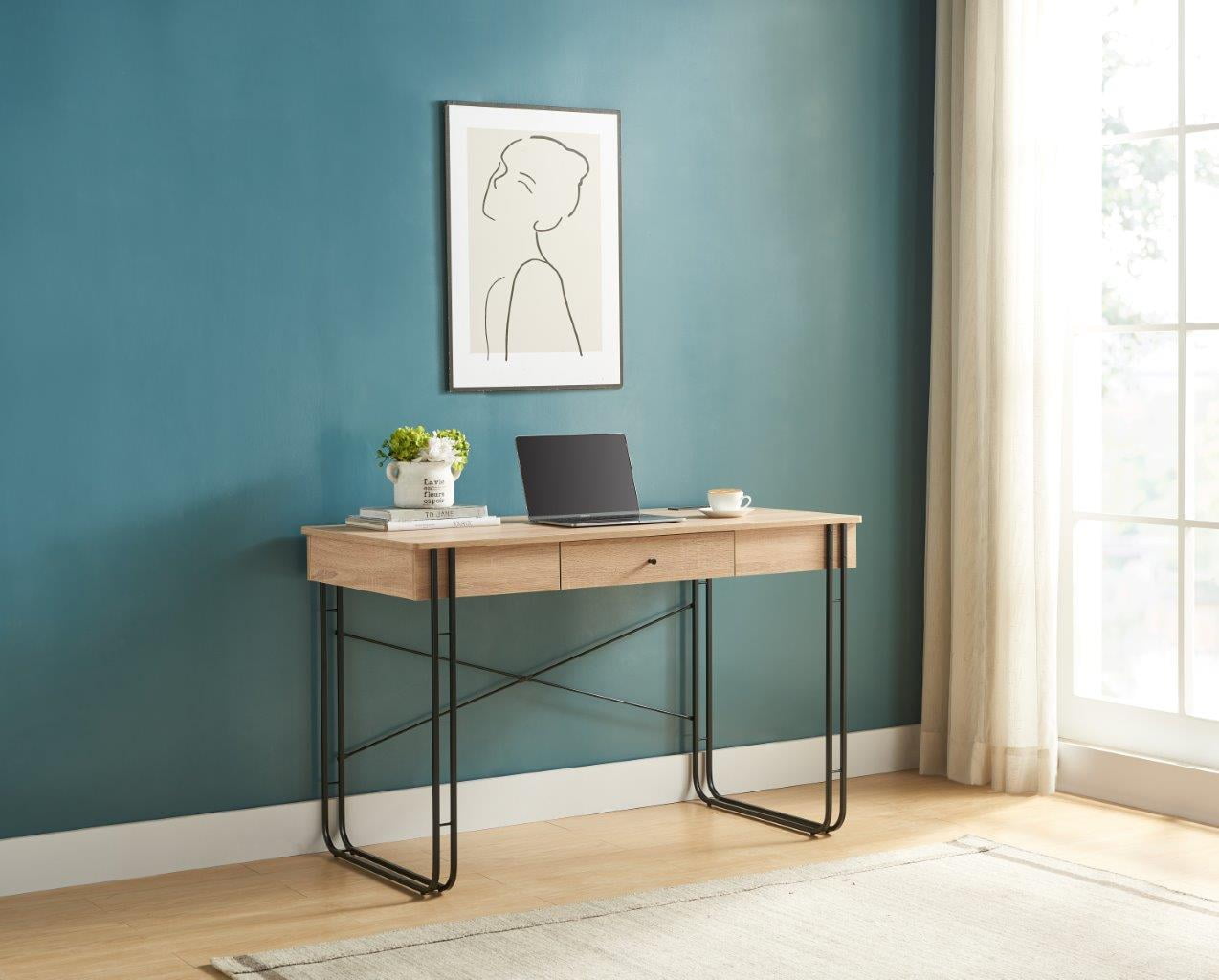 Two Tone Computer Desk with Drawer, USB Outlet, Metal Legs Antique ...