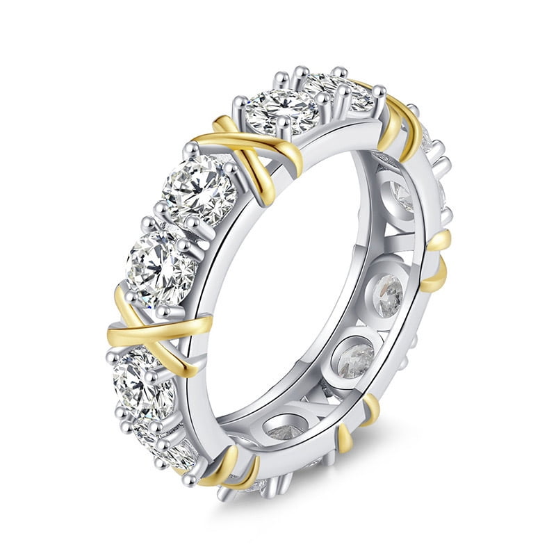 Two-Tone Eternity Ring with CZ Stones, X-Pattern Silver and Gold Design ...