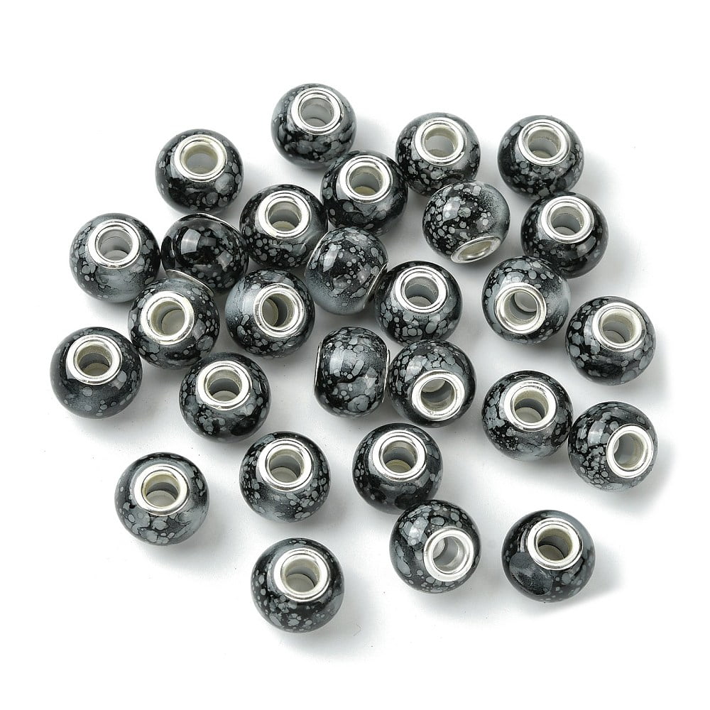 Two Tone Glass European Beads Large Hole Beads with Silver Tone Brass ...