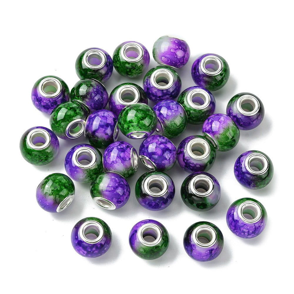 Two Tone Glass European Beads Large Hole Beads with Silver Tone Brass ...