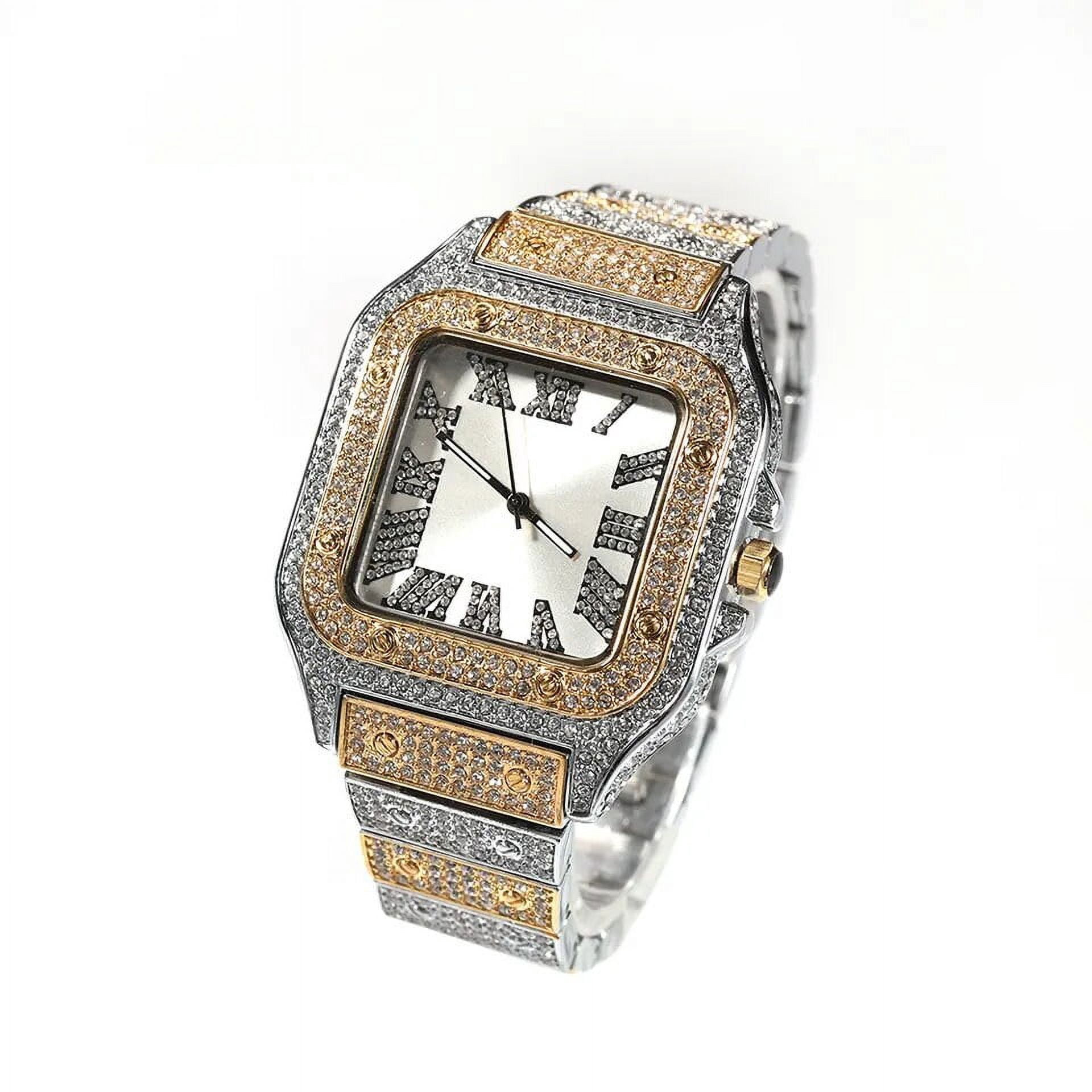 Two Tone Gold Finish Square Bezel Unisex Simulated Diamond Bling ...