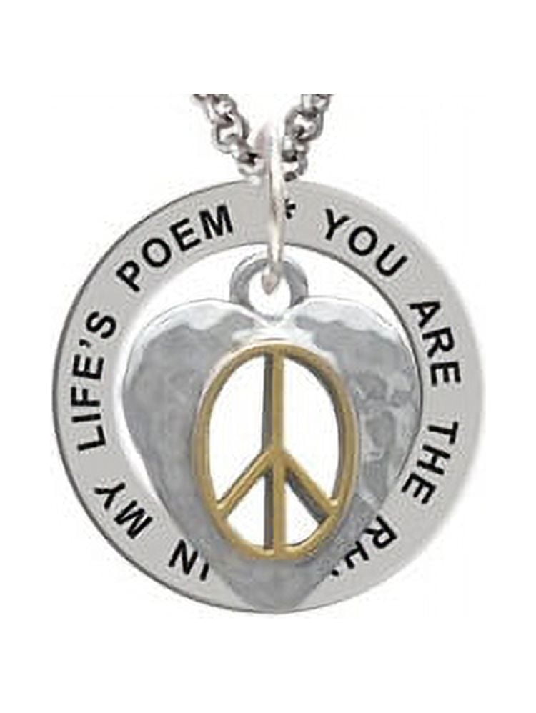 Two Tone Peace Sign inside Heart Life's Poem Affirmation Ring Necklace ...