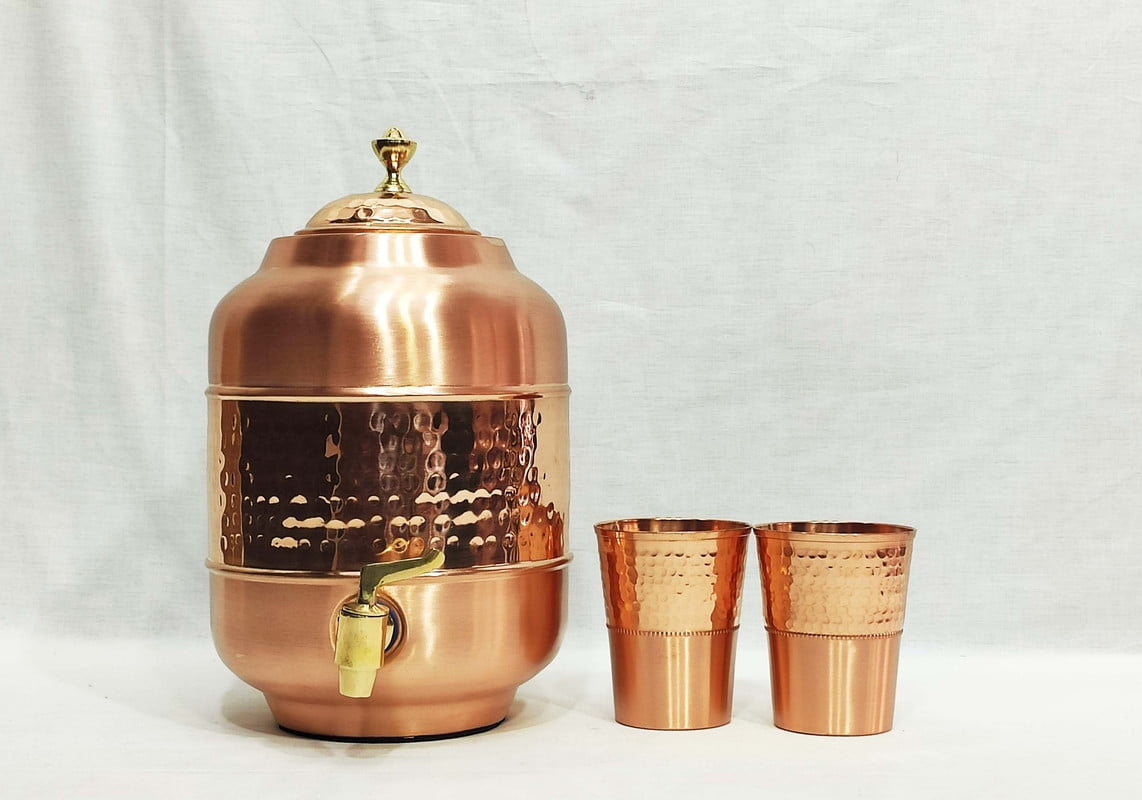 Two Tone Pure Copper Vessel Tank Pot Matka 5 Liter Half Hammered Copper ...