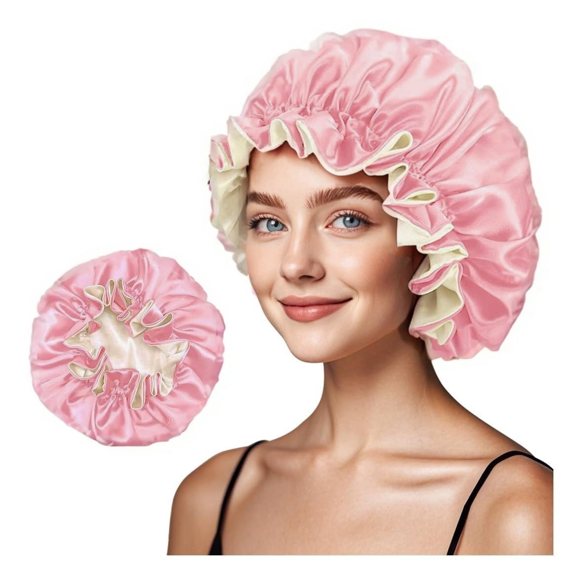 Two-Tone Ruffled Edge Silk Satin Sleep Cap, Hair Care Shower Bonnet ...
