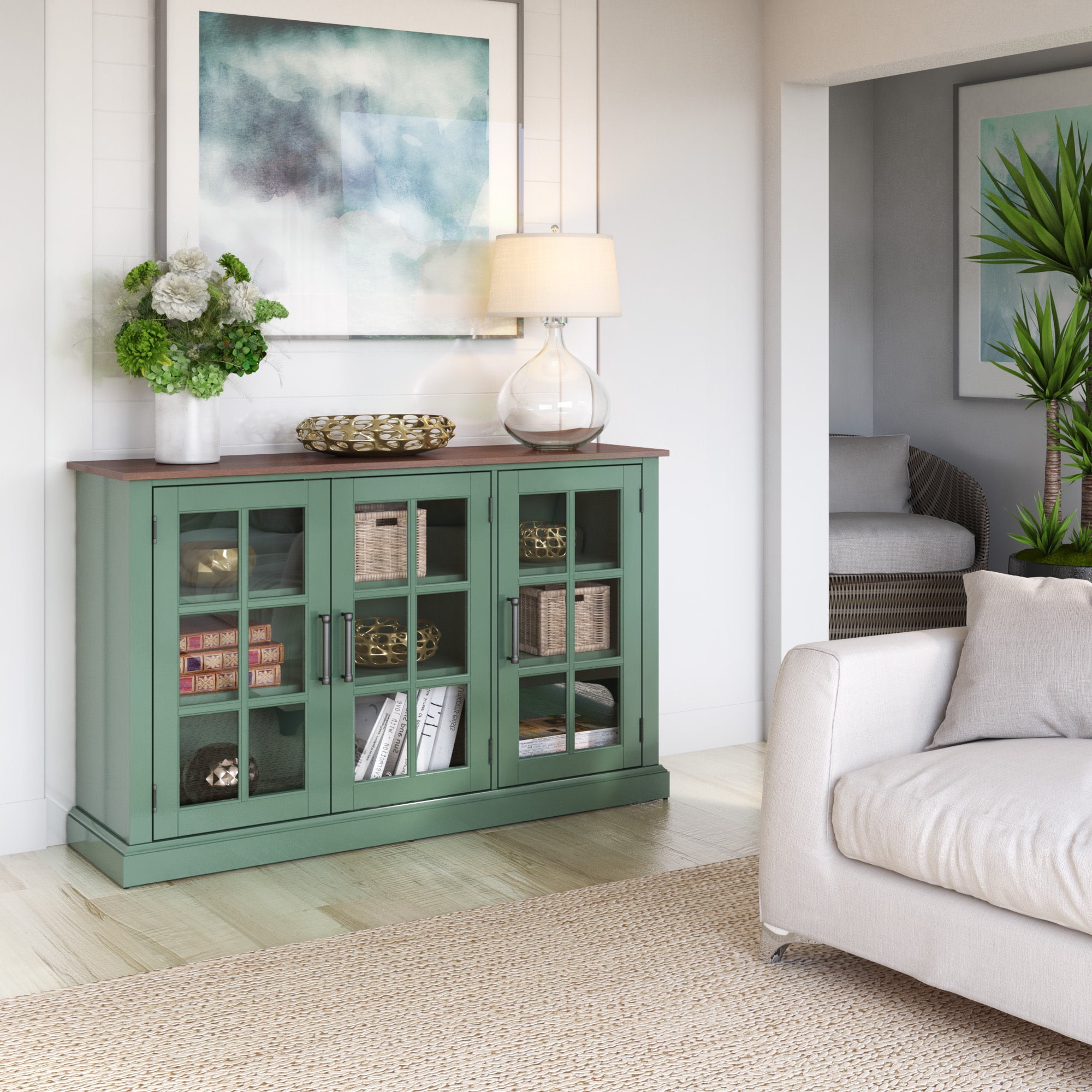 Twin Star Home 55" Two Tone Sideboard with Window Pane Glass Doors and ...