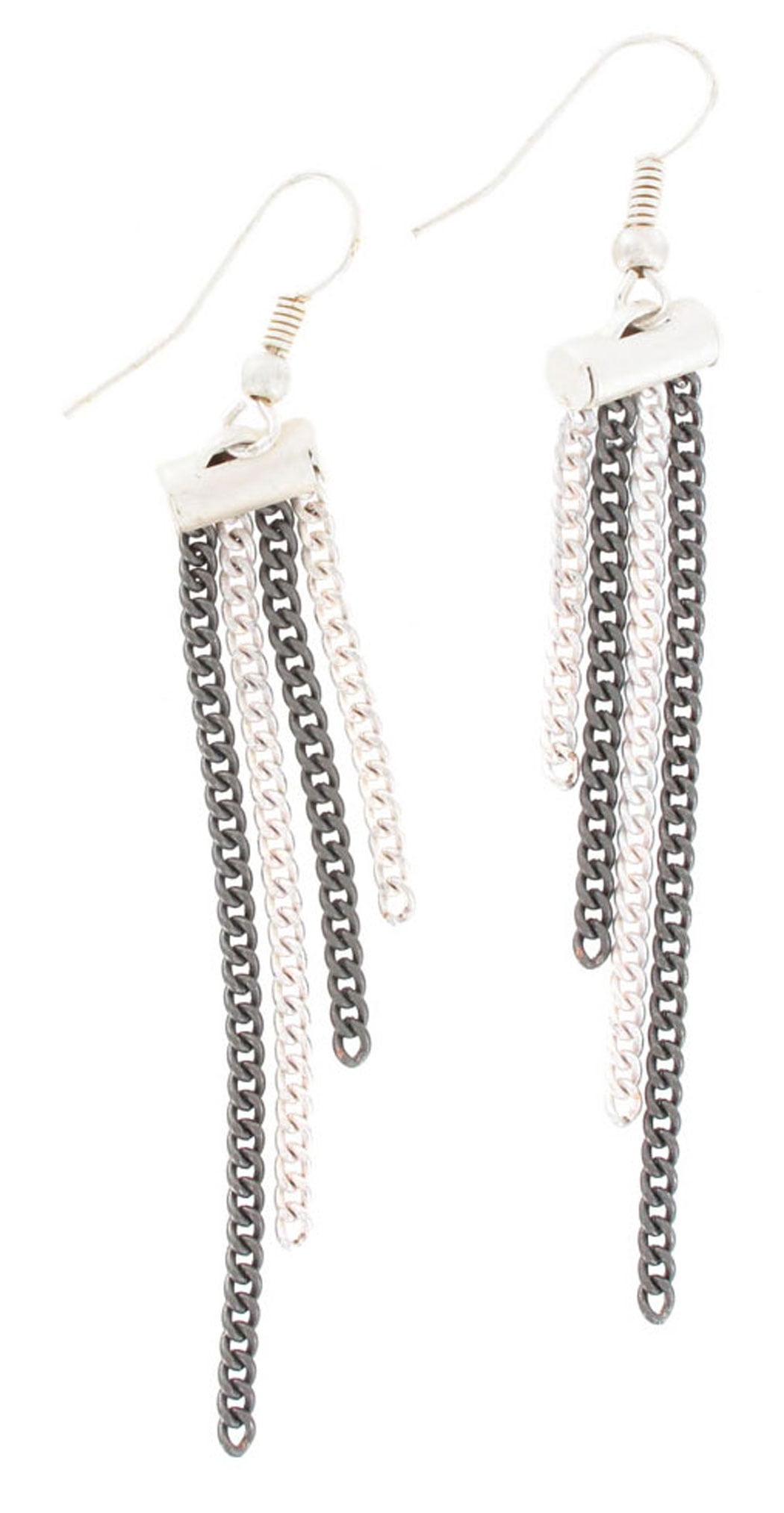 Two Tone Silver And Gunmetal Long Duster Fringe Chain Dangle Earrings ...