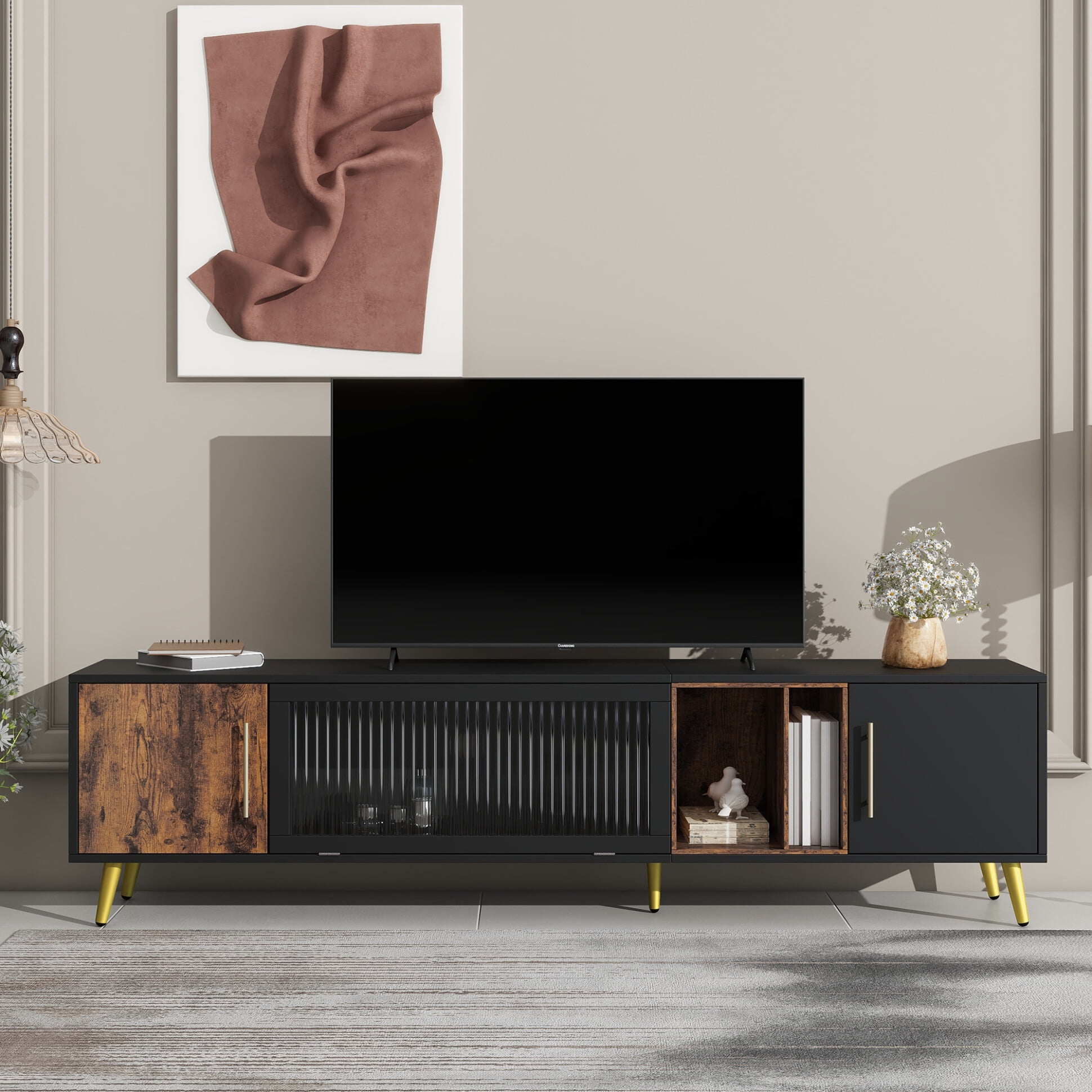 Two-Tone TV Stand for TVs Up to 80", Entertainment Center with Fluted ...
