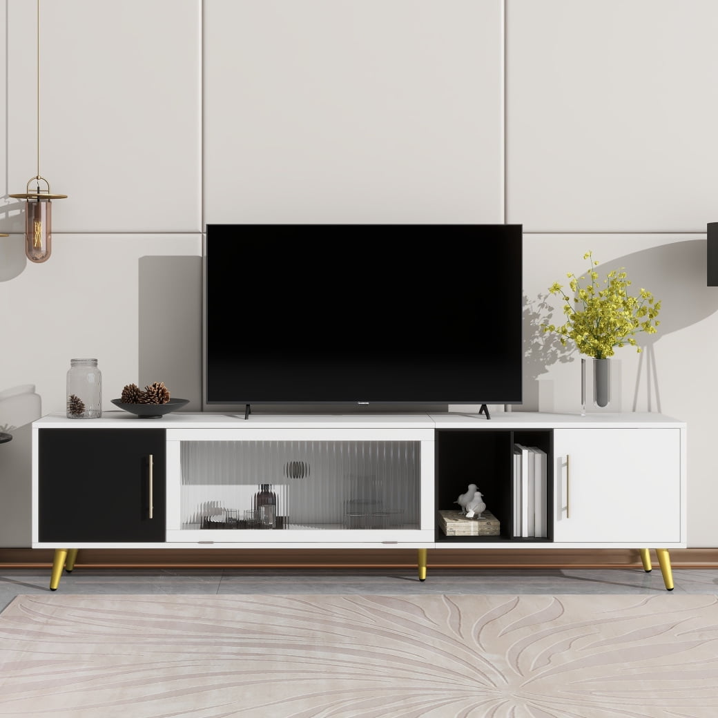 Two-Tone TV Stand for TVs Up to 80", Stylish TV Cabinet with Fluted ...