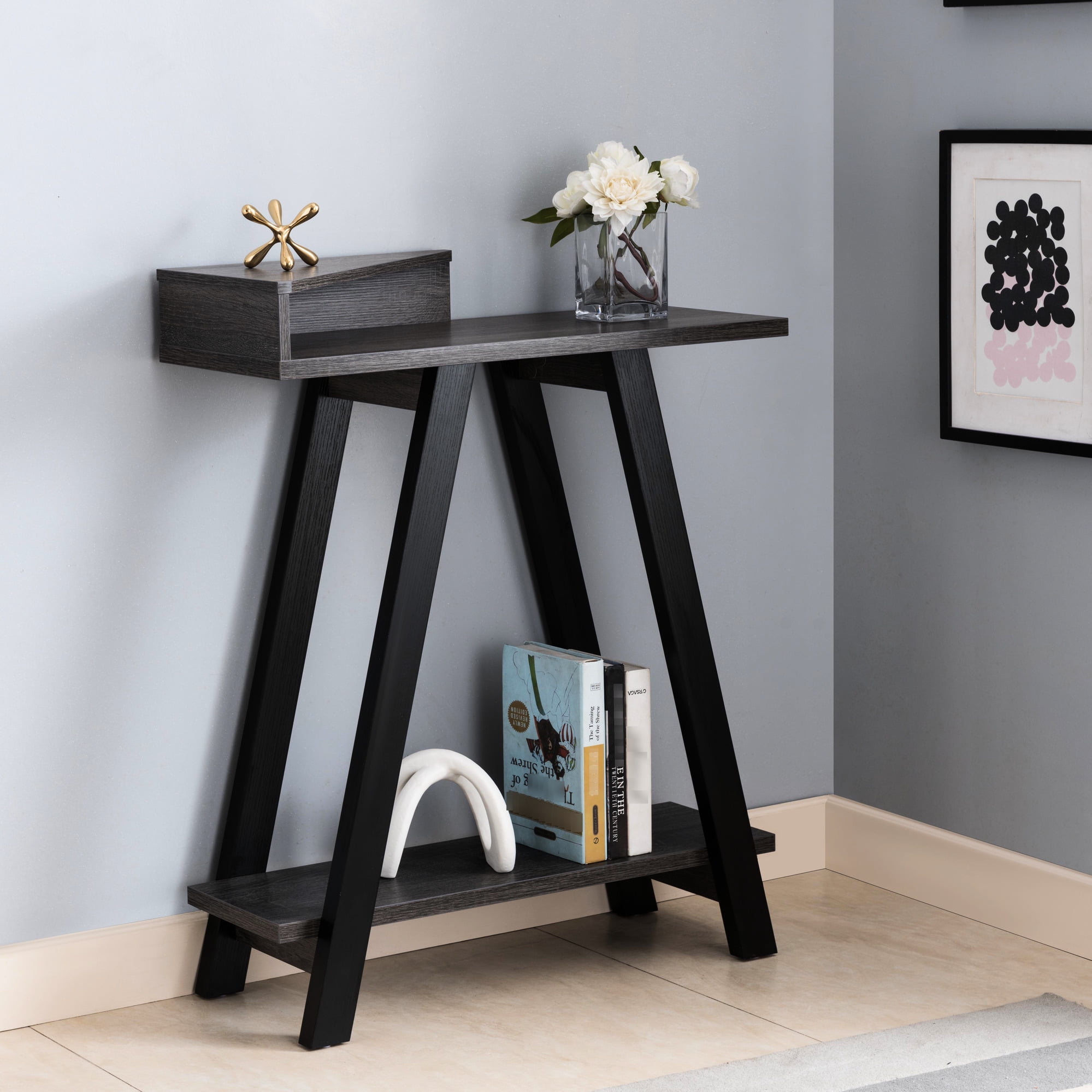 Two Toned Console Table - Black & Grey, 2 Shelves, A Shaped Legs ...