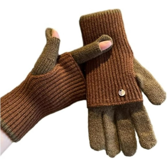 Two-Way Knit Gloves, Color Blocked Knitted Wool Glove, Convertible Full ...