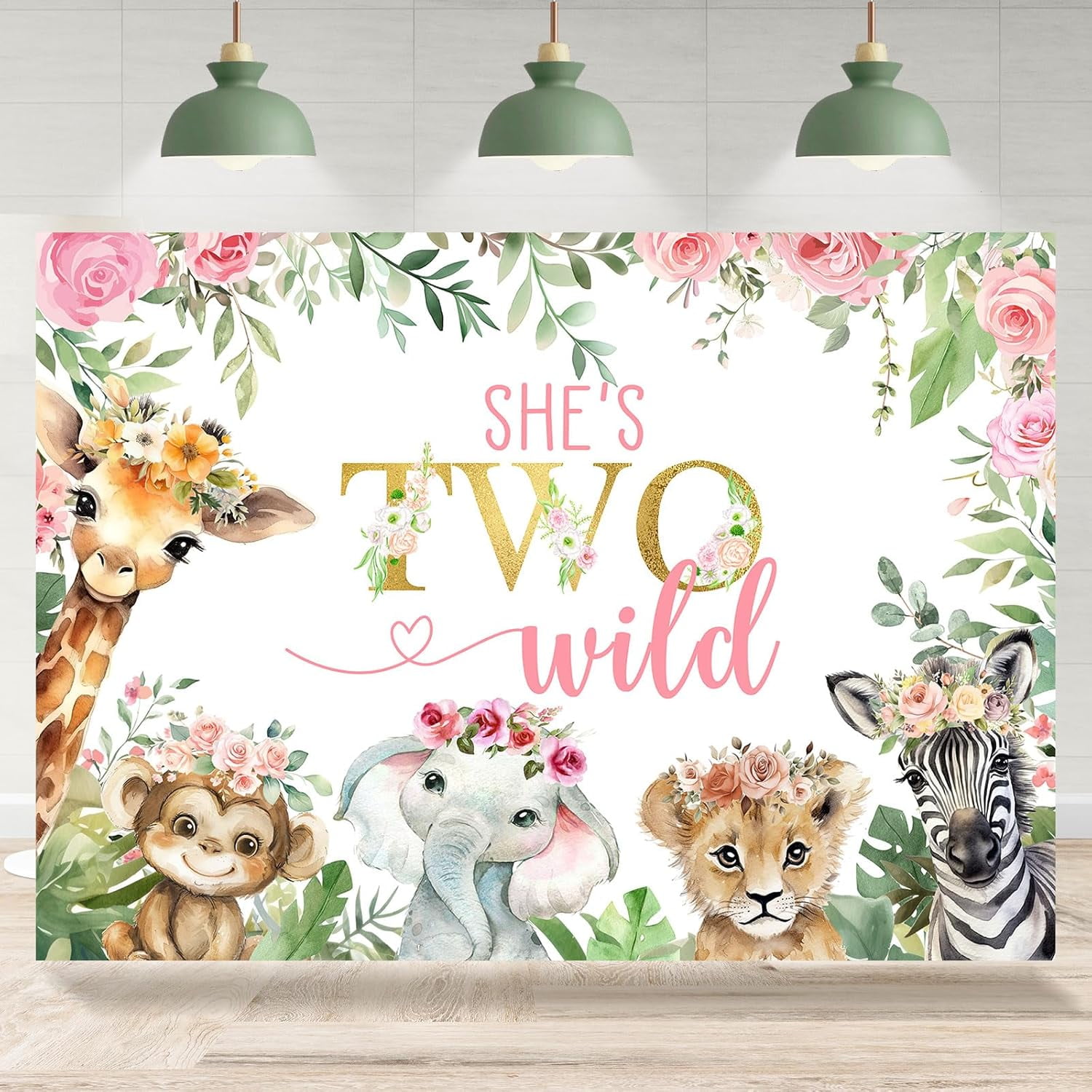 She's Two Wild Backdrop Animals Pink Floral Safari 2nd Birthday ...