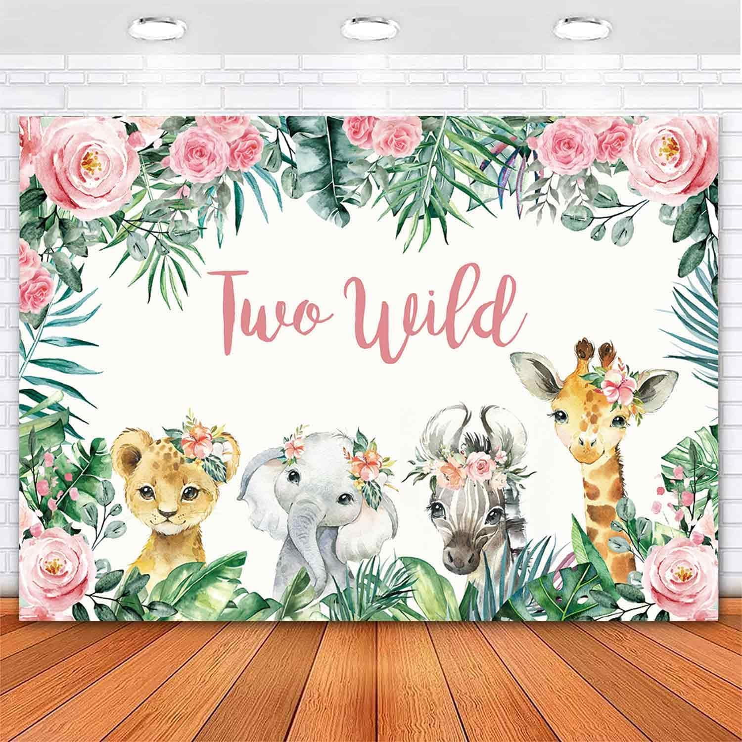 Two Wild Birthday Backdrop for Girl Jungle Safari Animals 2nd Birthday ...