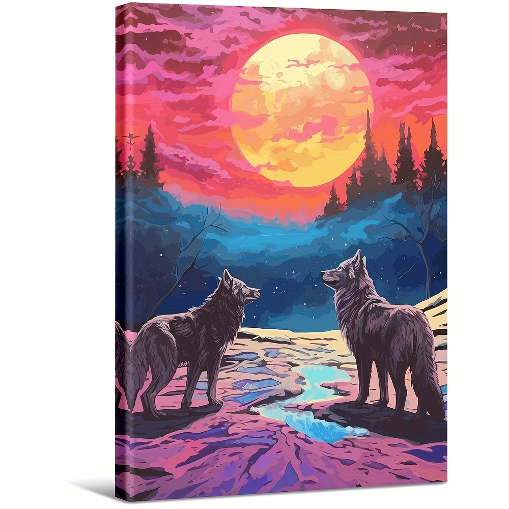 Two Wolves Howling At A Full Moon And Stars. Large Wooden Framed Wall ...