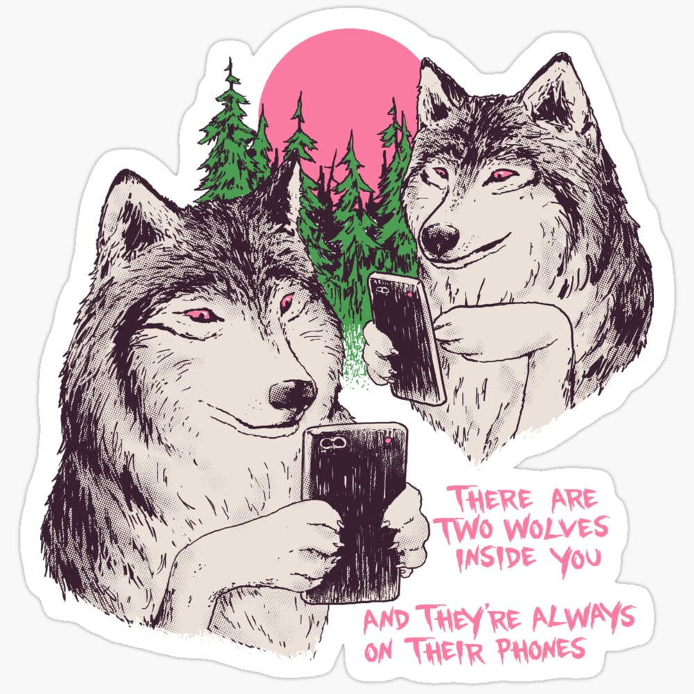 Two Wolves On Their Phones Sticker Phone Decal Water Bottle Stickers ...