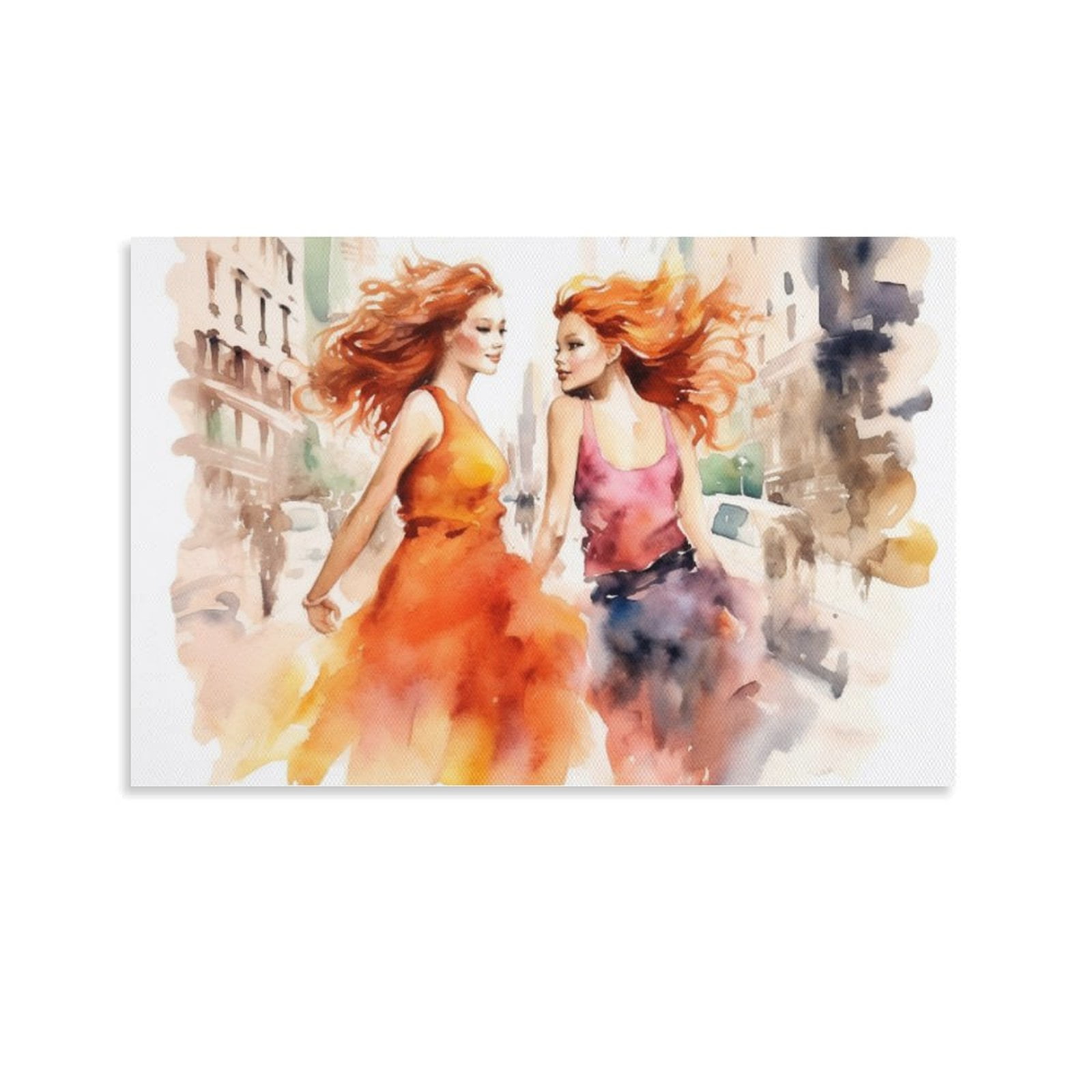 Two Women Stroll Through A Warm Cityscape In Vibrant Outfits Watercolor ...