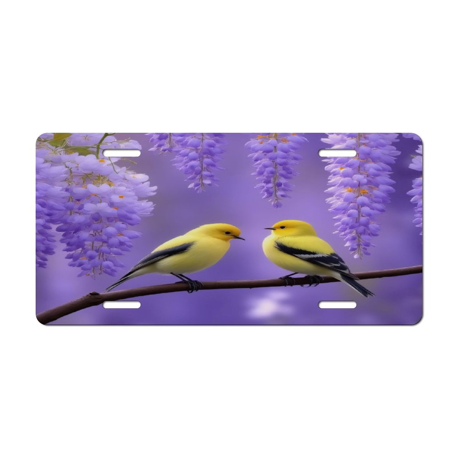 Two Yellow Birds Among Purple Flowers License Plate Lightweight ...