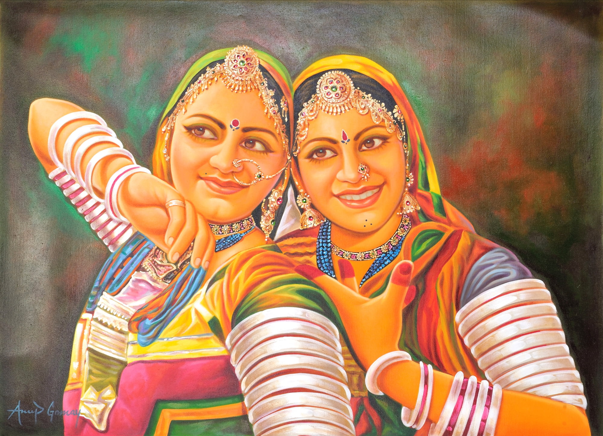 Two Young Bedia Women A Tribe Earning Its Bread by Dancing - Oil ...