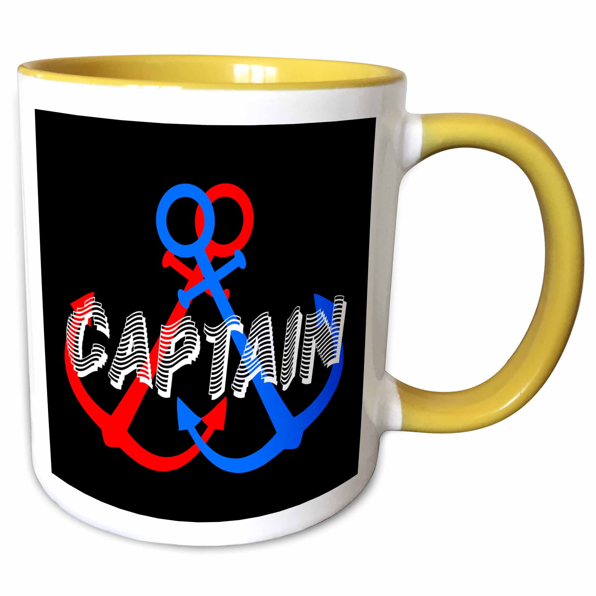 Two anchors of red and blue colors. White text Captain on black 11oz ...