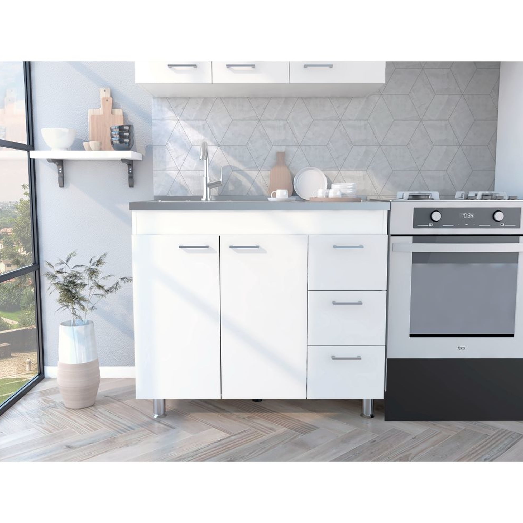 Two-door Cabinet With Three Drawers In White - 39.68 In. Wide, Drawer Double Door Cabinet ...