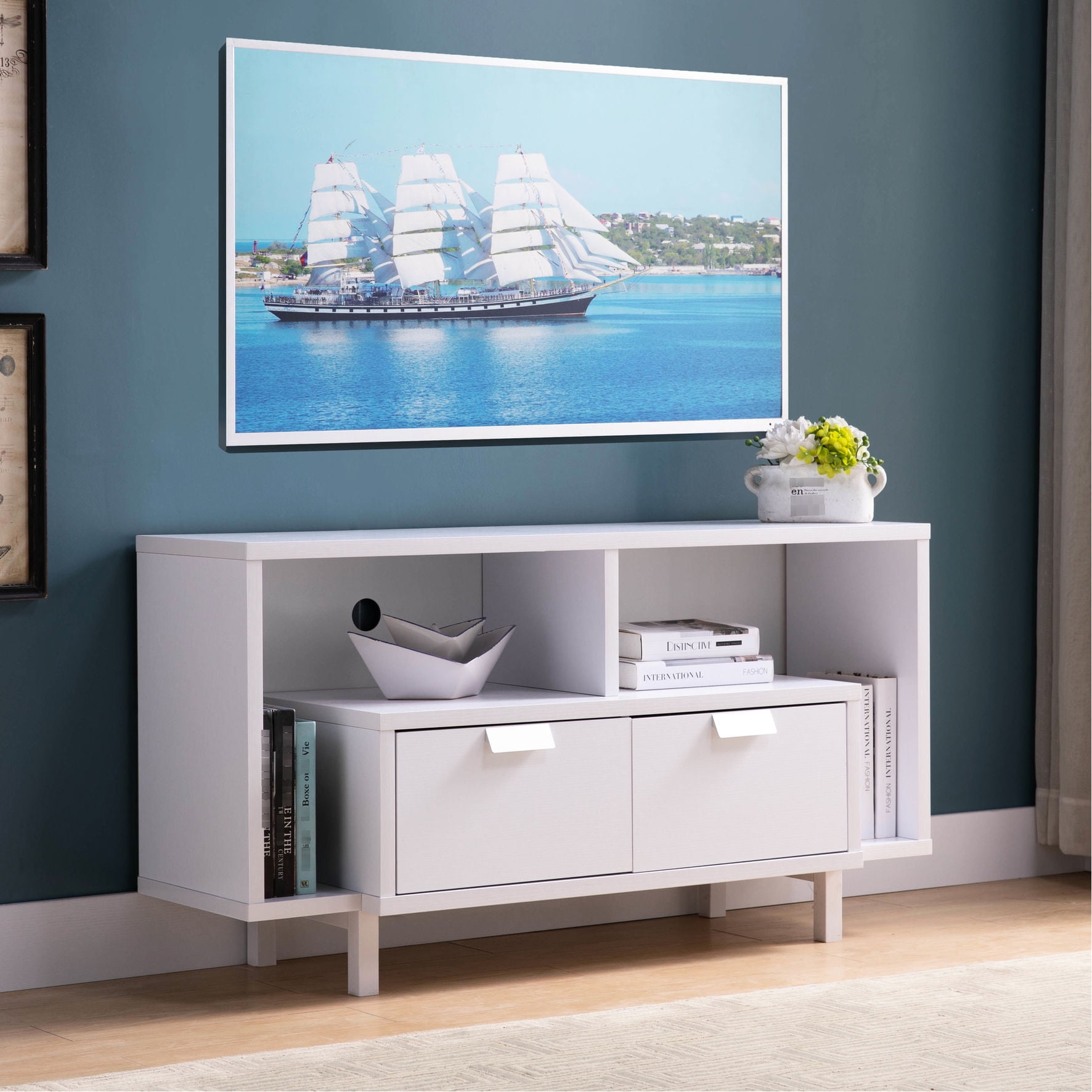 Two-drawer Two-shelf Modern White TV Stand - Hide Wires, Enhance Home ...