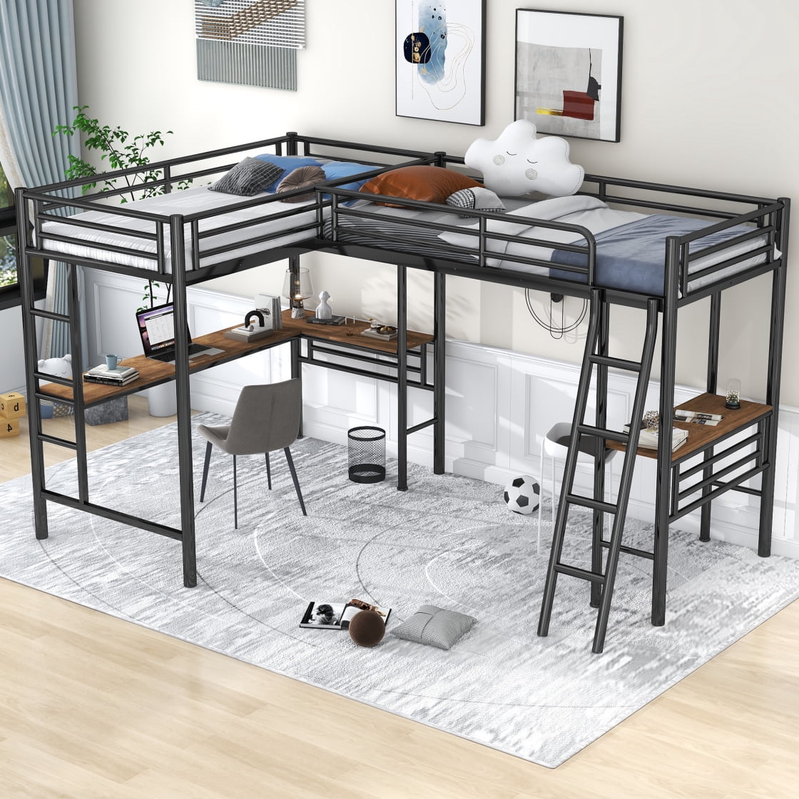 Two-in-one Twin Size Loft Bed with Two Built-in Desks, Metal Twin Loft ...