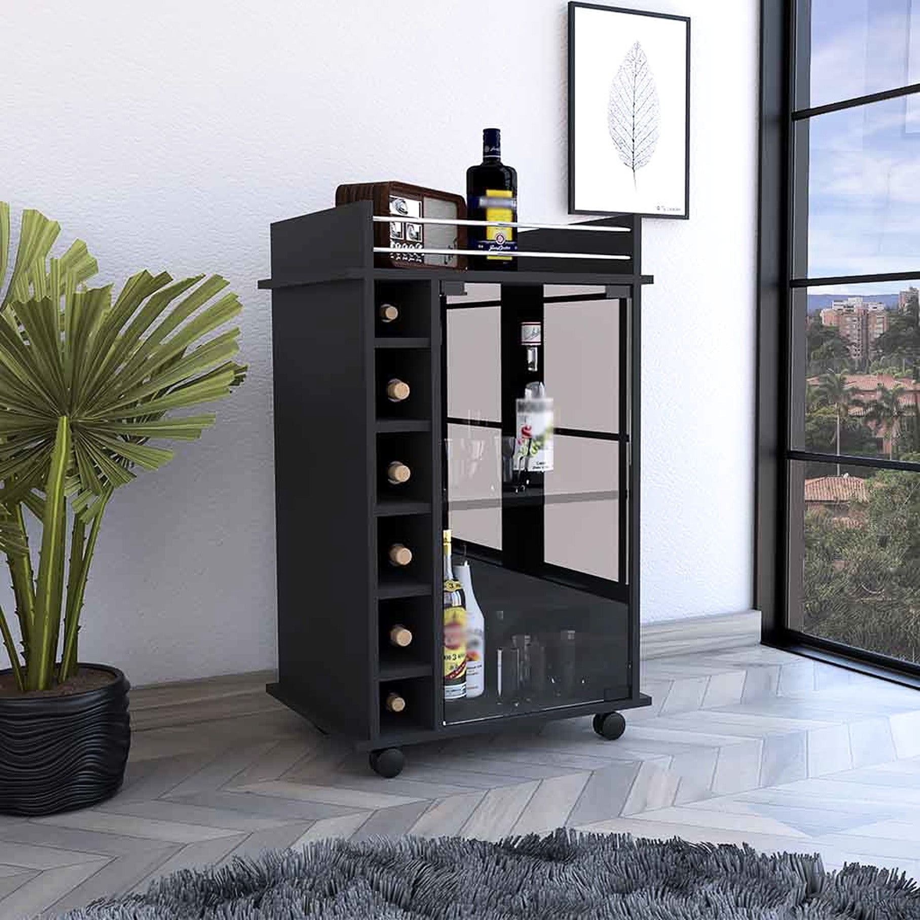 Two-tier glass door bar cart six cubbies black color for modern room ...