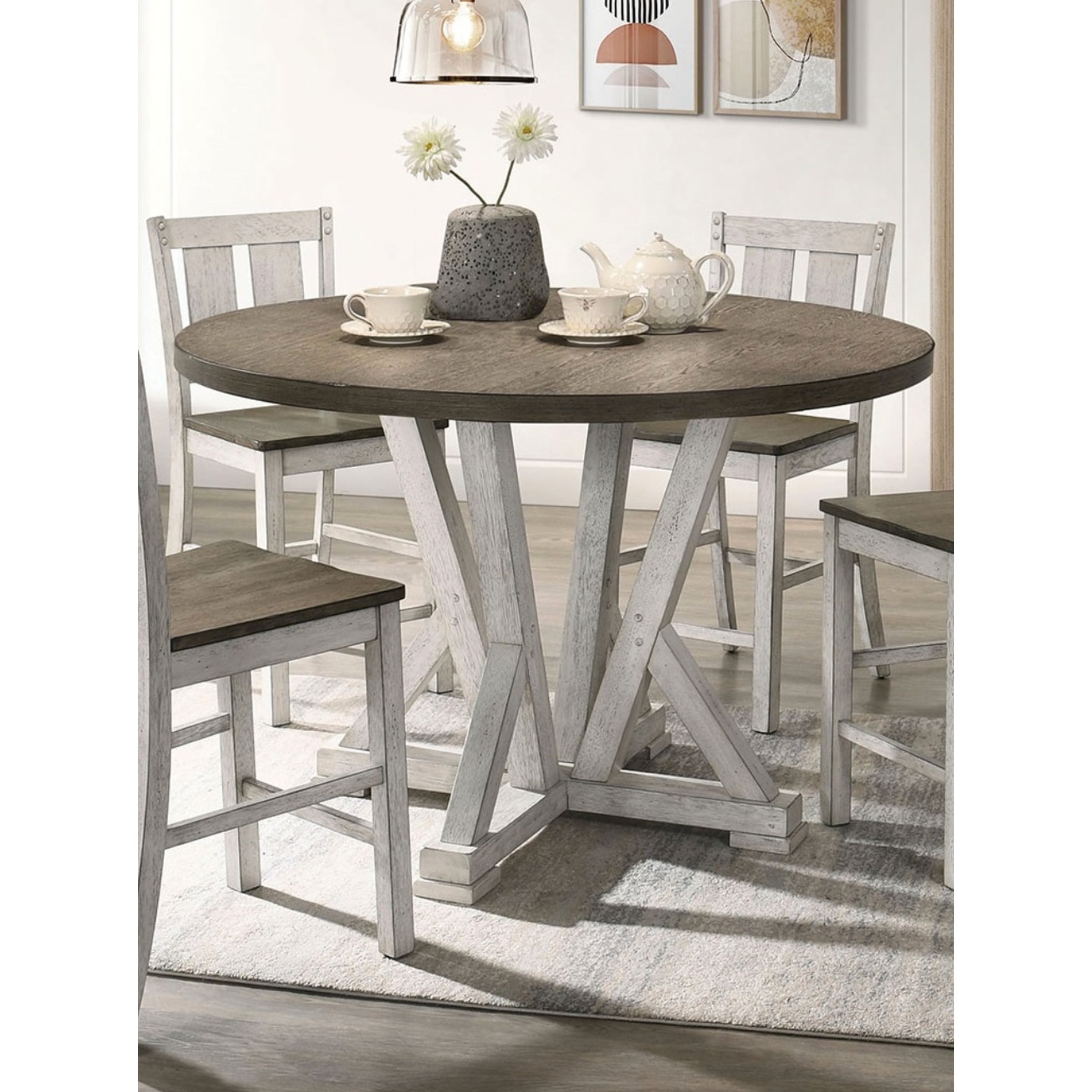 Two-tone Rustic Dining Table, Antique White And Ash Brown, Solid Wood Construction, Knotty Oak ...