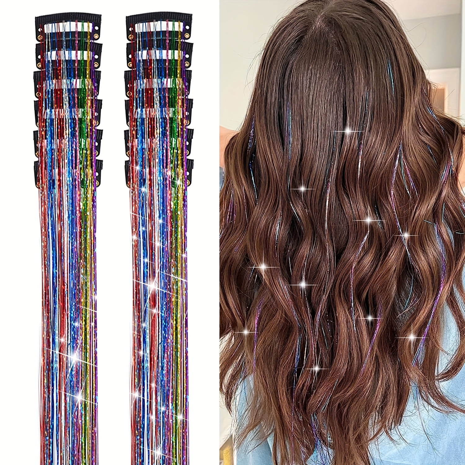 TwoLLL 12 Pcs Hair Tinsel Clip-In Extensions - 19.6Inch Synthetic ...