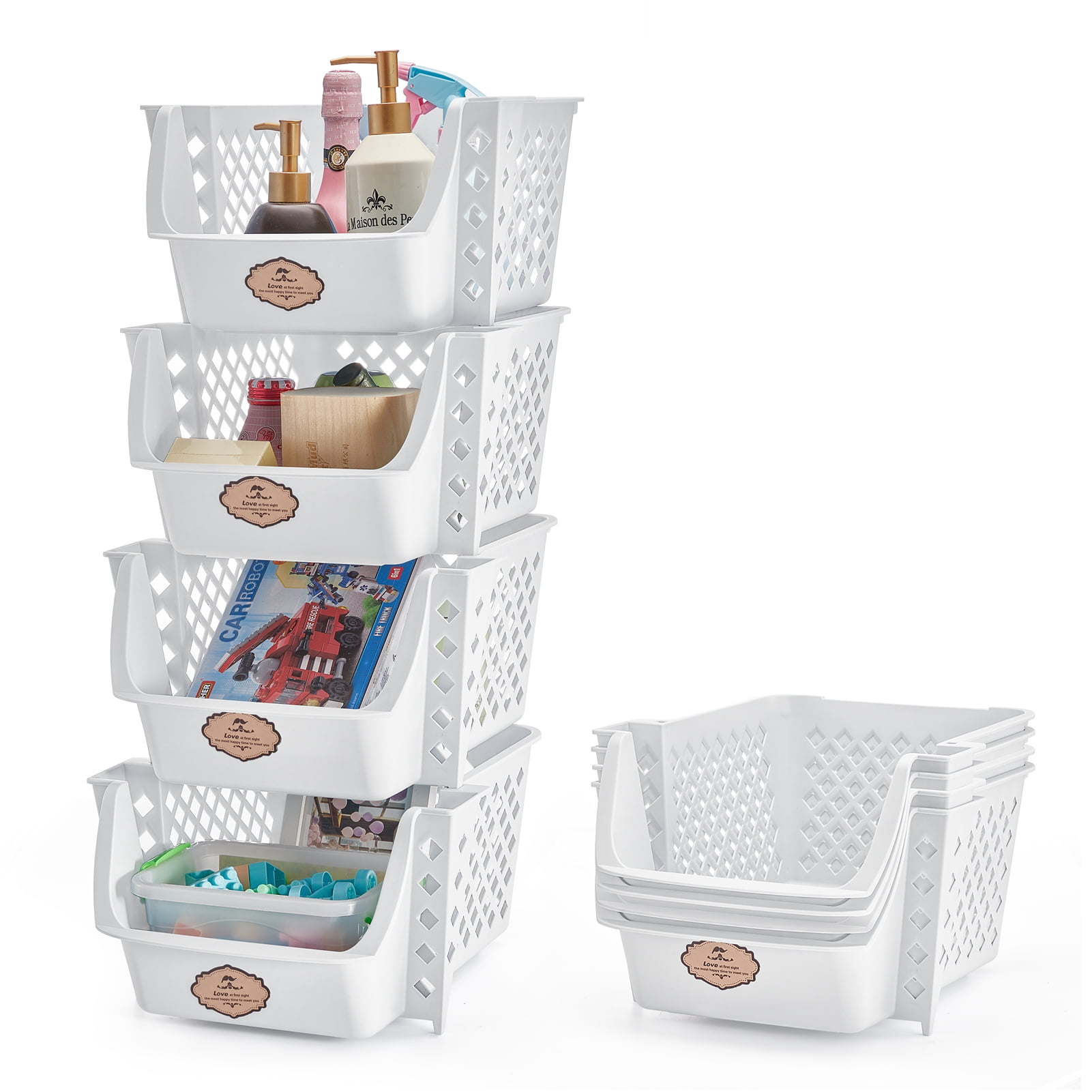 TwoLLL 4 Pack Plastic Stackable Storage Bins Stacking Bins Open Front ...