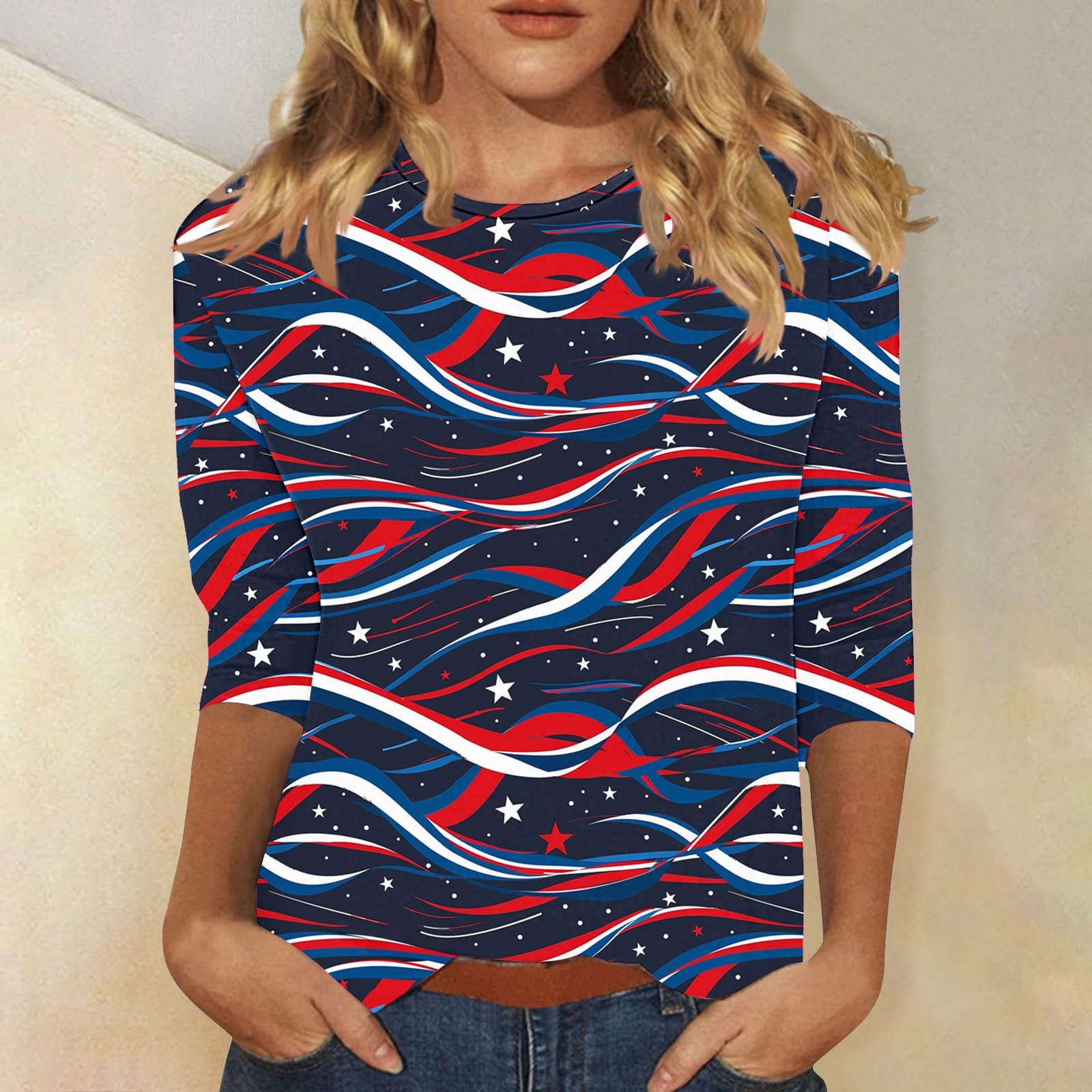 Txenfivo 4th of July Shirts Women Fashion USA Flag 3/4 Long Sleeve ...