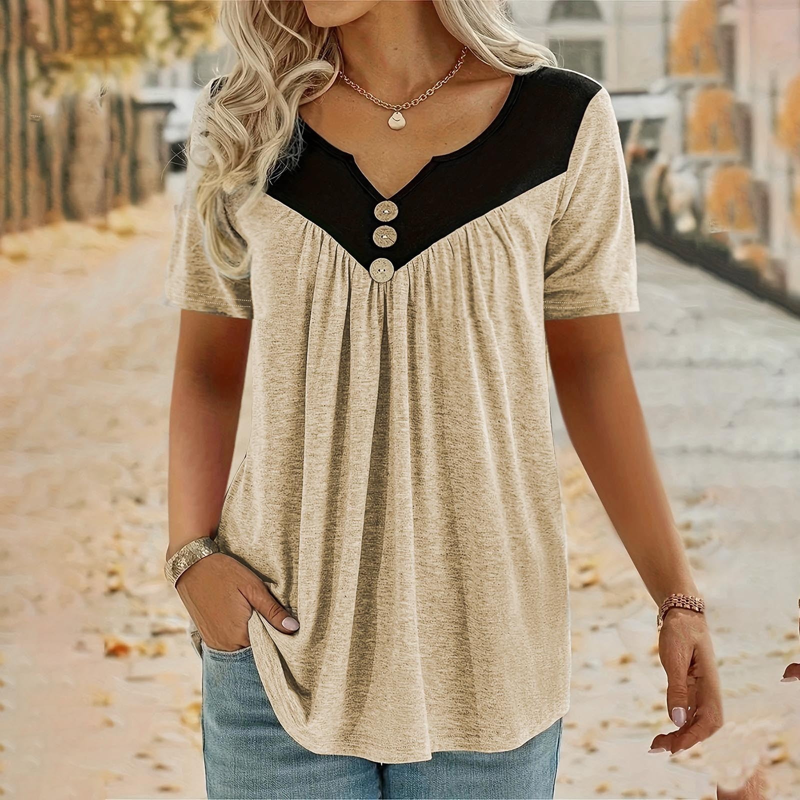Txenfivo Spring Casual Color Block Swing Pleated V-Neck T-Shirts Tunics ...