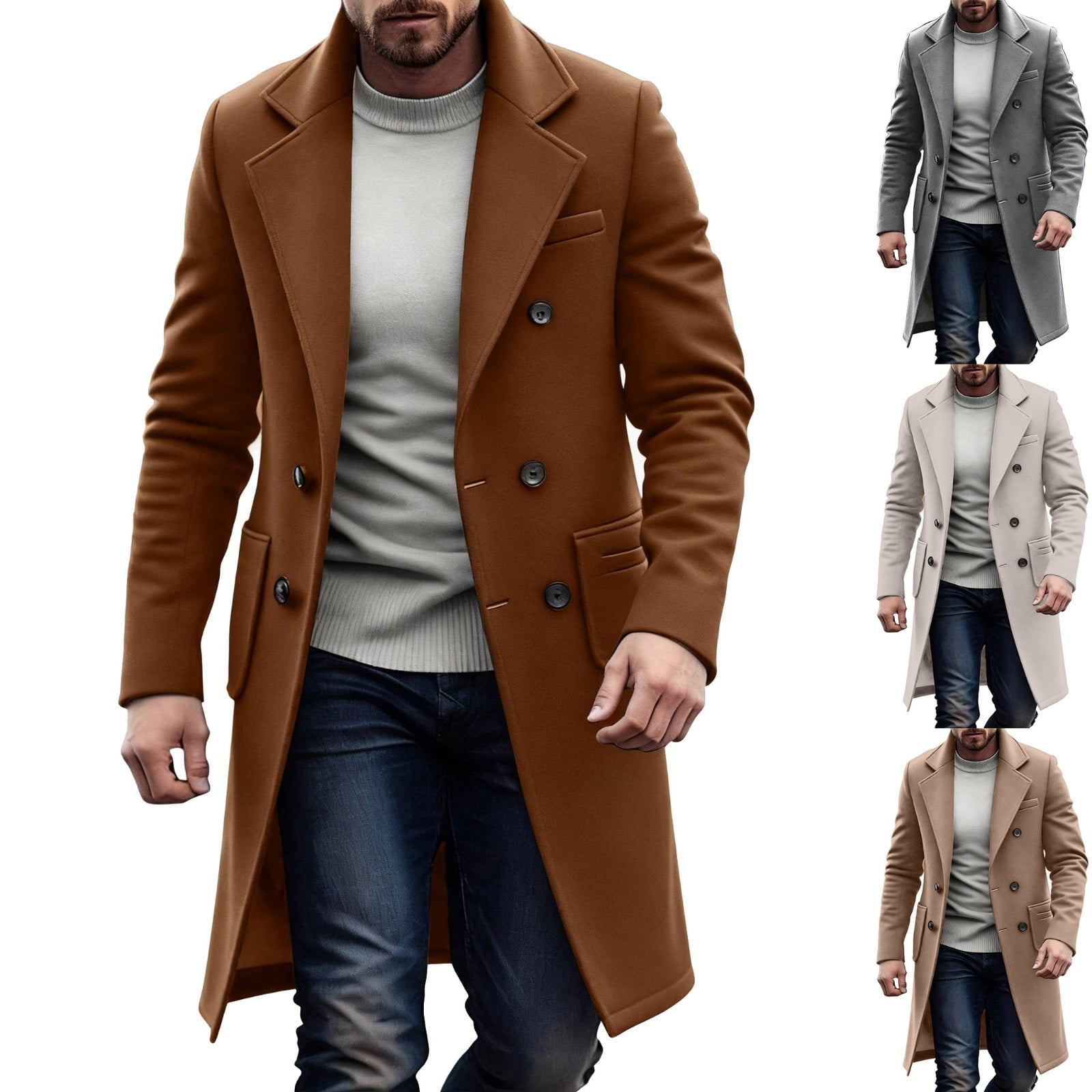Txeol Coffee Trench Coats for Men Casual Business Double Breasted Wool ...