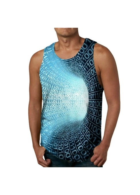 Cauagu Blue White Striped Sunflower Print Mens Sleeveless Muscle