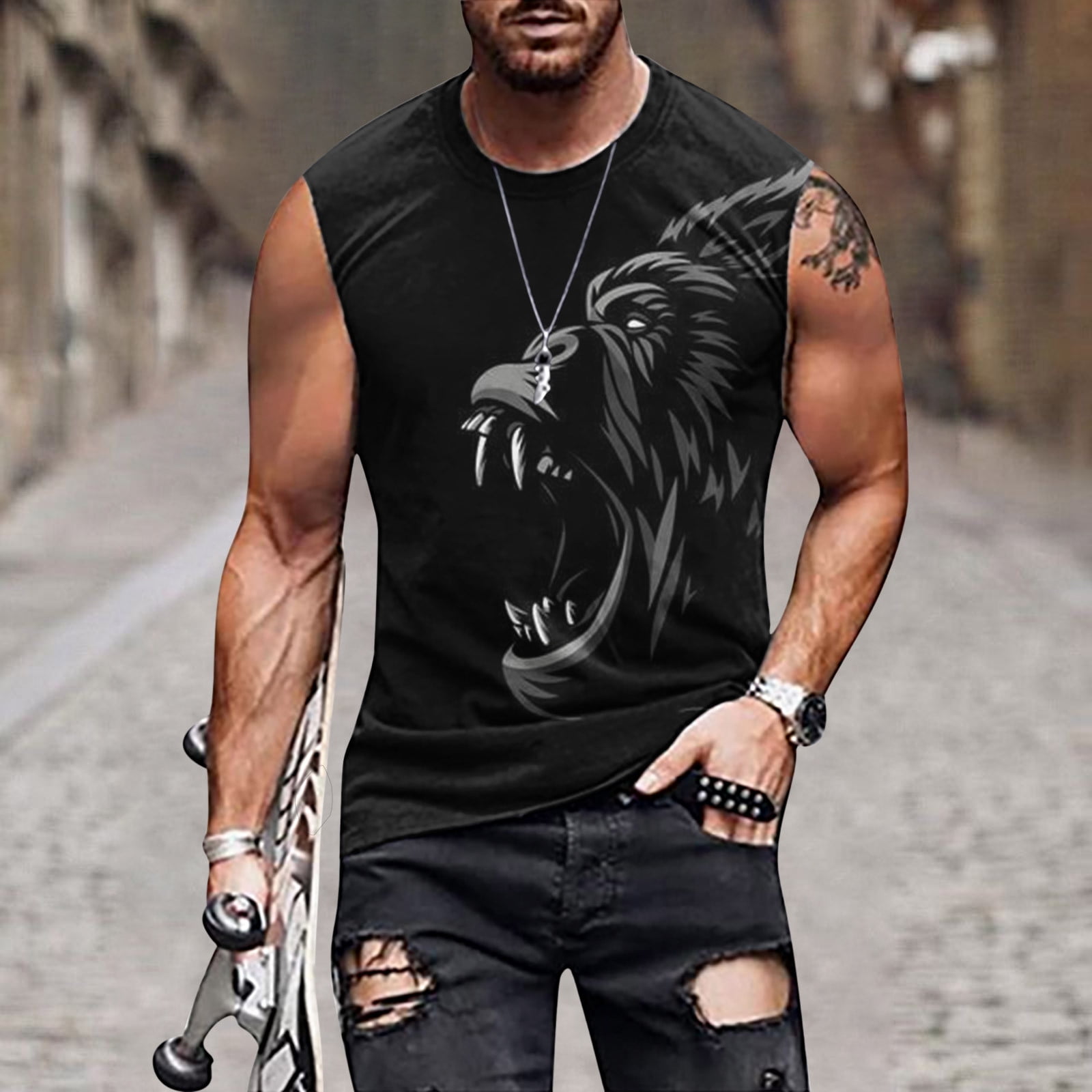 Txeol Men's 3D Lion Print Tank Tops 2024 Summer Sleeveless Novelty Graphic T-Shirts Casual Gym ...