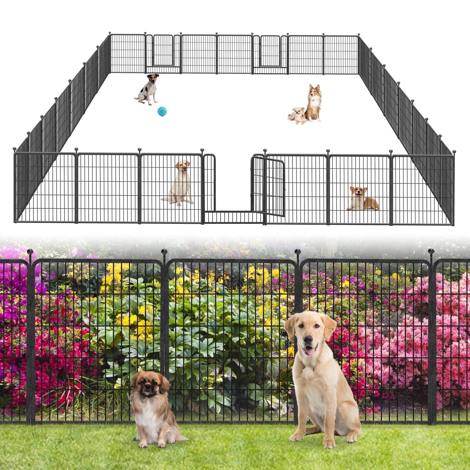 Txh001 Metal Garden Fence with Gate 28 Panels 64ft(L)×32in(H) Outdoor ...