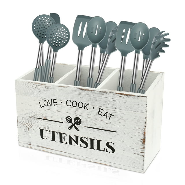 Txkrhwa Wooden Kitchen Utensil Holder 3 Compartments Large Kitchen ...