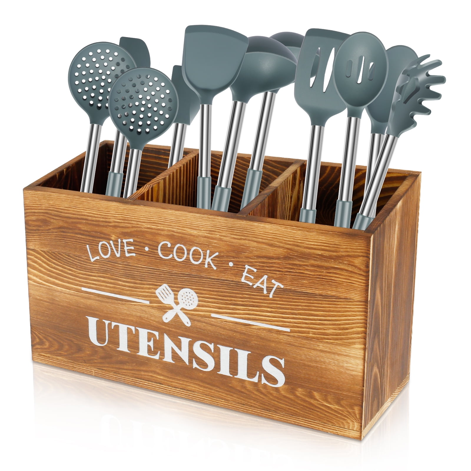 Txkrhwa Wooden Kitchen Utensil Holder 3 Compartments Large Kitchen ...