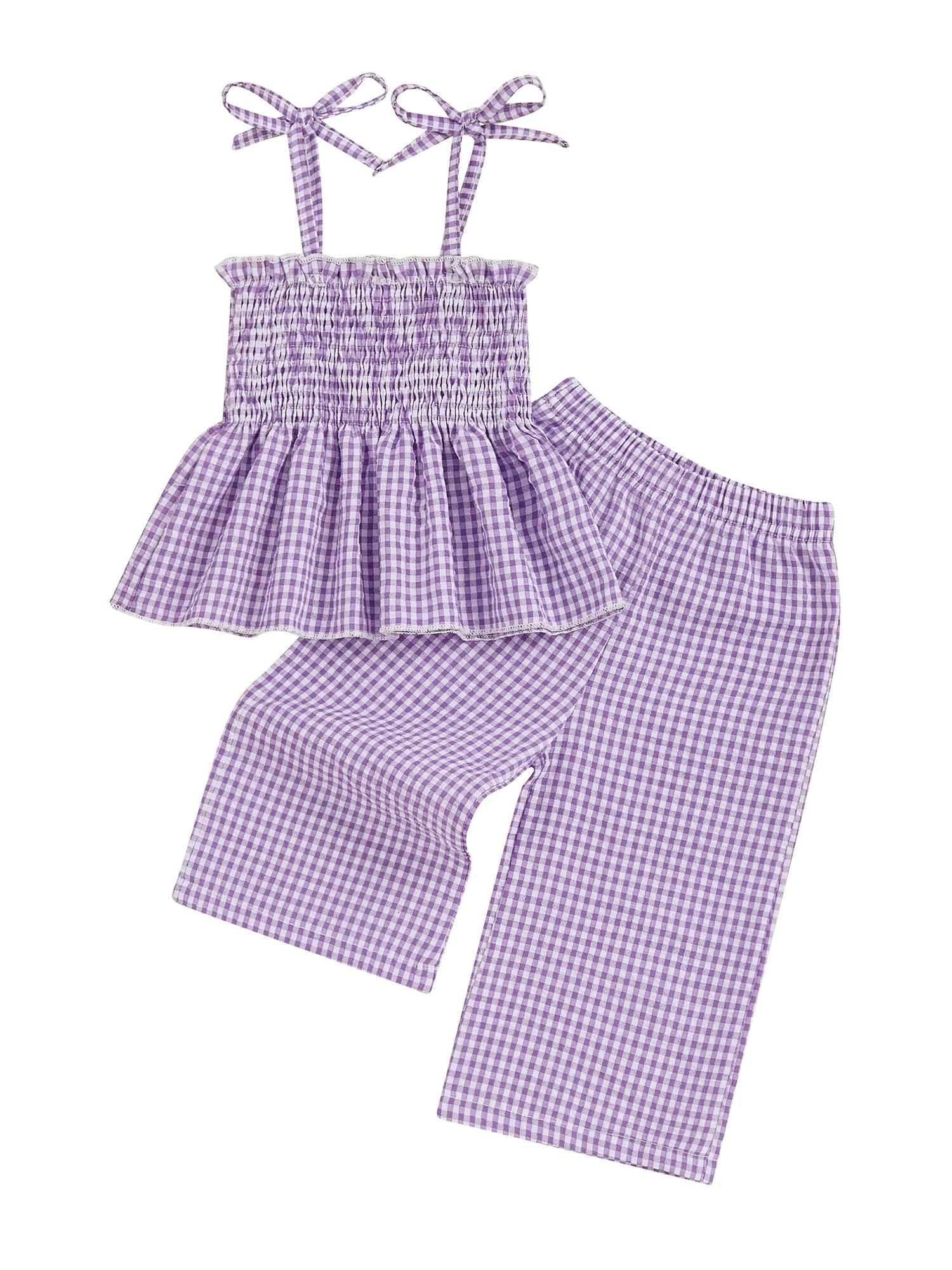 Txlixc Kid Girl Pants Outfit Plaid Smocked Tie-up Spaghetti Strap ...