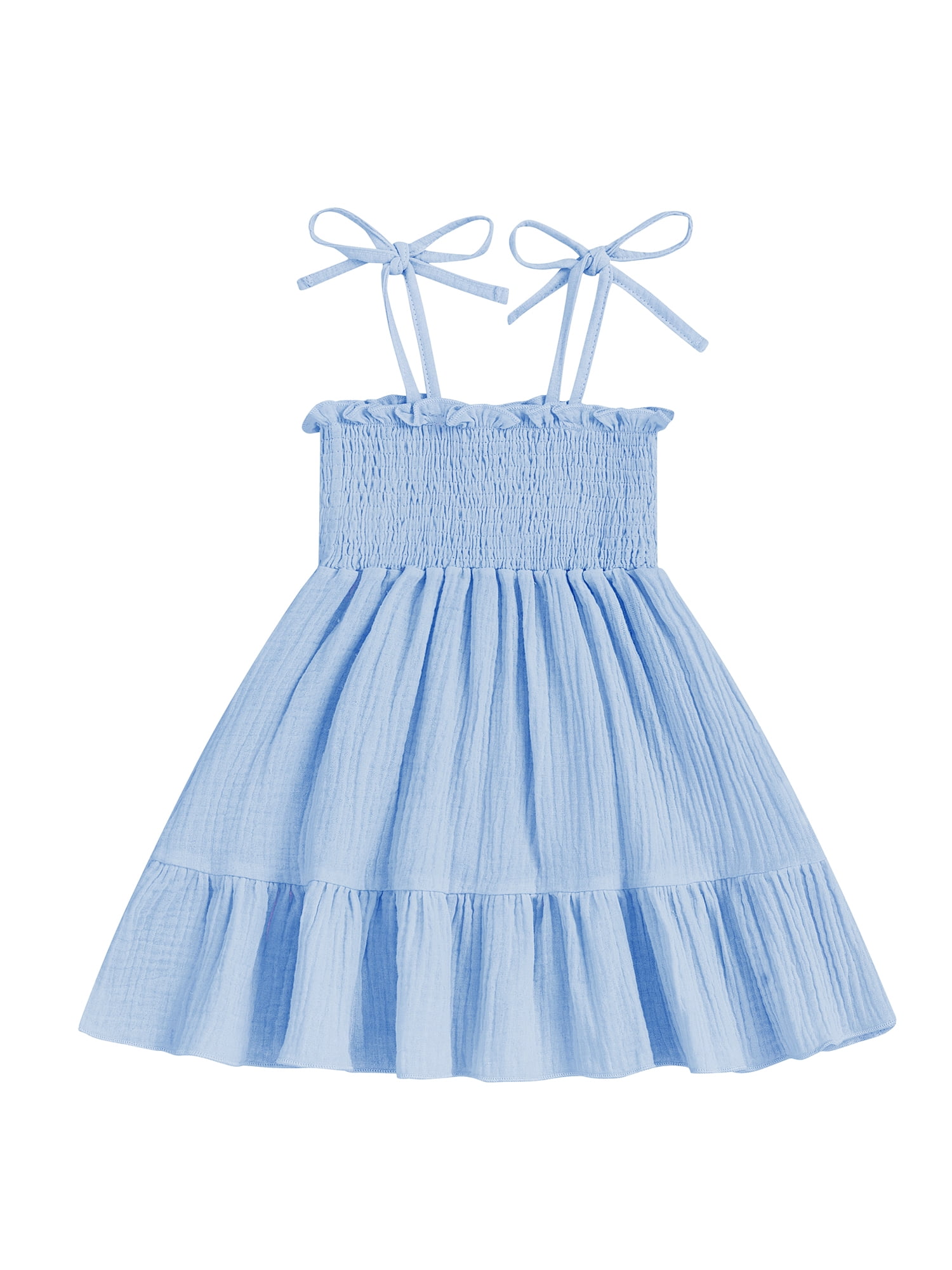 Txlixc Little Girl Tie Shoulder Dress Solid Smocked Spaghetti Strap ...