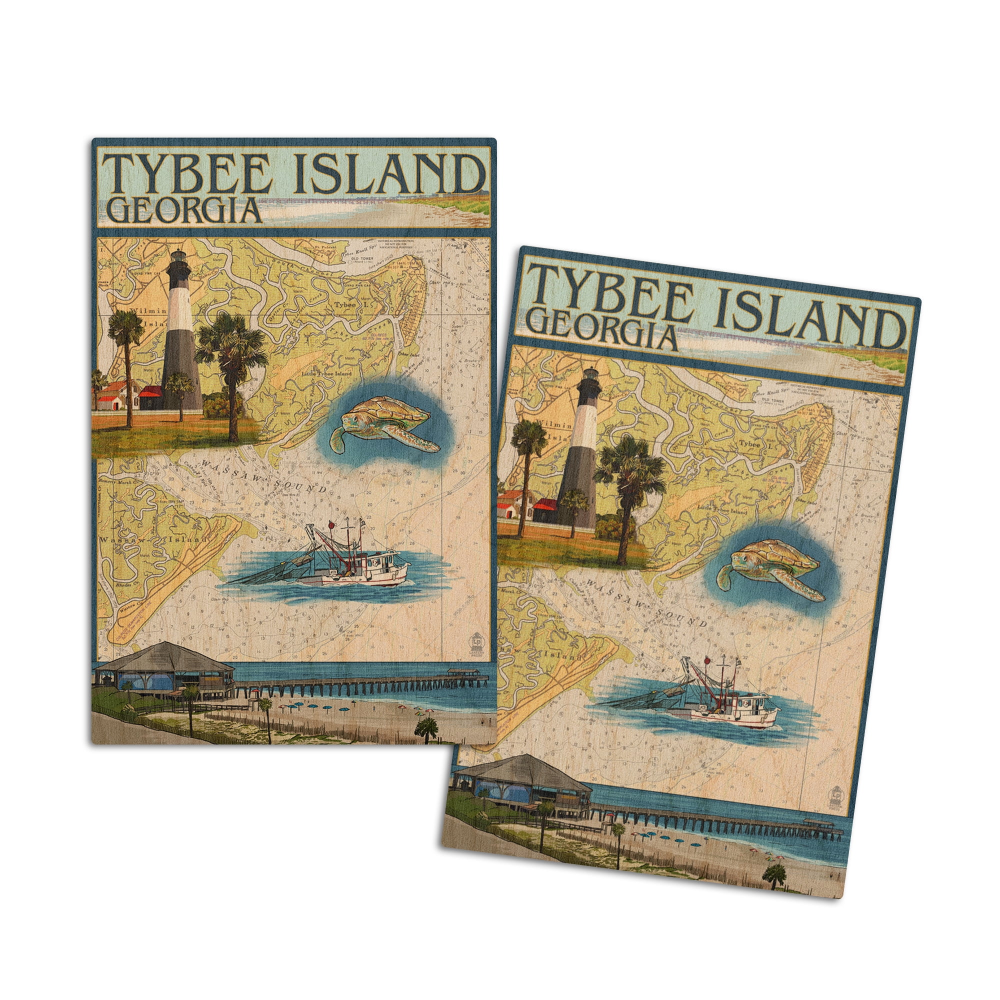 Tybee Island, Georgia, Nautical Chart (4x6 Birch Wood Postcards, 2-Pack ...