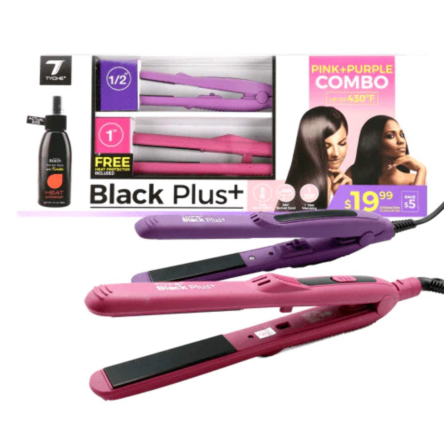 7 TONE Black Plus+ Flat Iron Combo – Pink Purple Set (0.5" + 1") with ...
