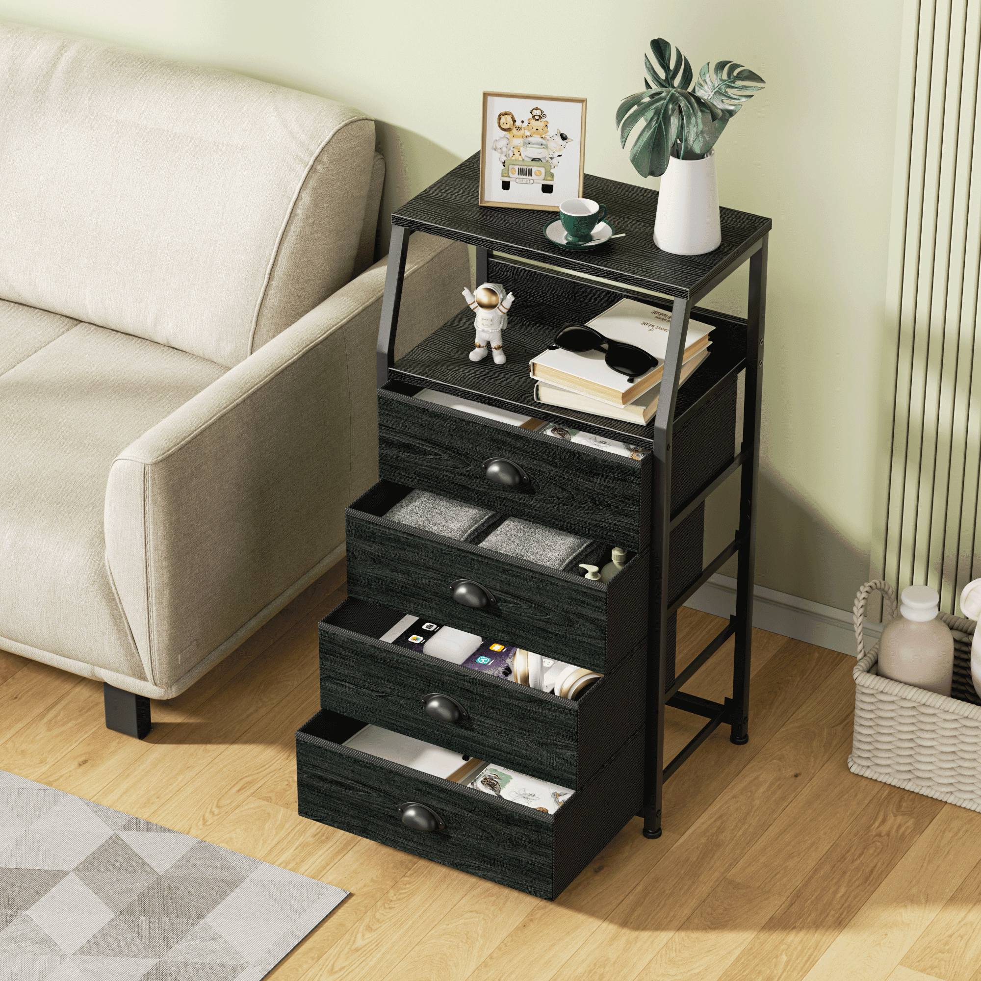 TYDIMOR Tall Nightstand 4 Drawer Black Dresser for Bedroom Storage Side Table for All Ages
