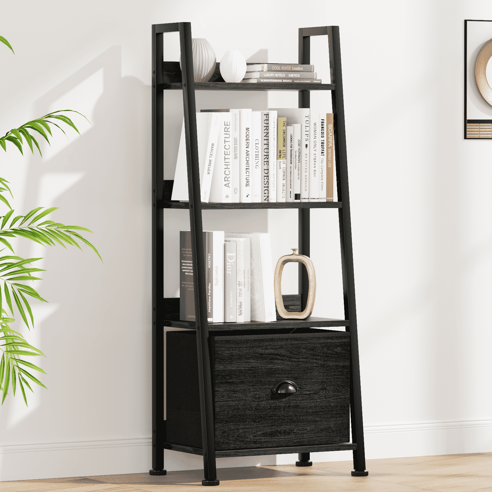 Tydimor 4-Tier Ladder Bookshelf With Drawer, Leaning Bookcase Storage ...
