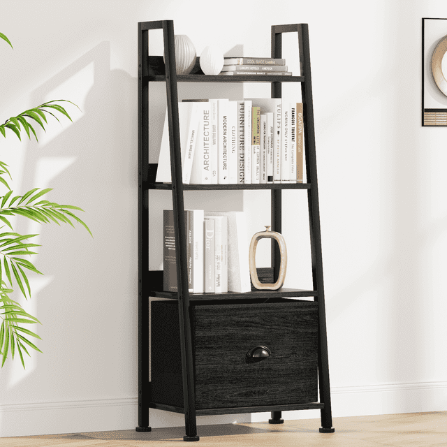 Tydimor 4-Tier Ladder Bookshelf With Drawer, Leaning Bookcase Storage ...