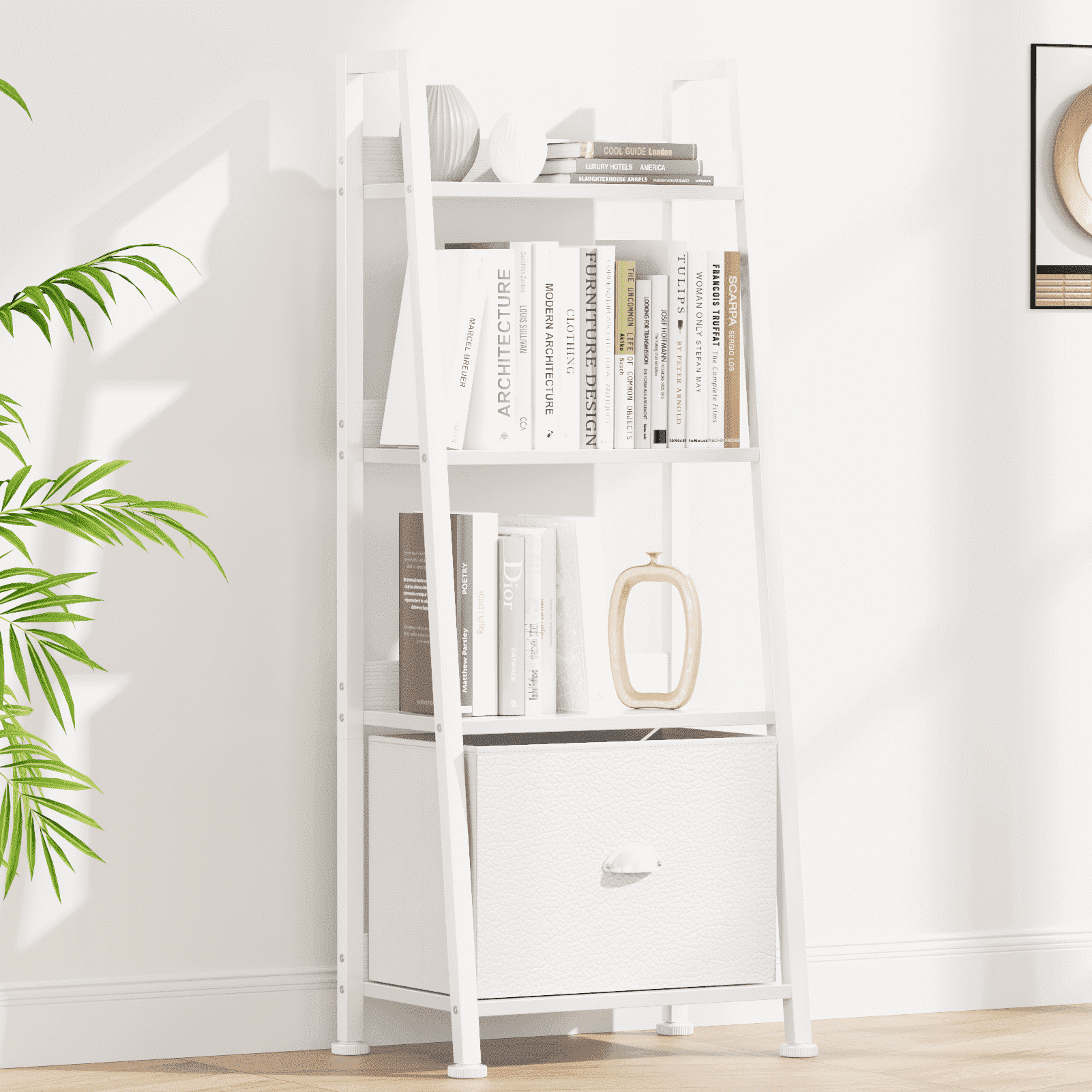"Tydimor 4-Tier Ladder Shelf, White, Storage Display with Fabric Drawer ...