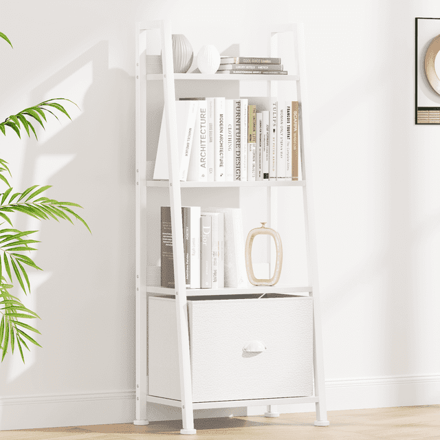 Tydimor 4-Tier Ladder Bookshelf With Drawer, Leaning Bookcase Storage ...