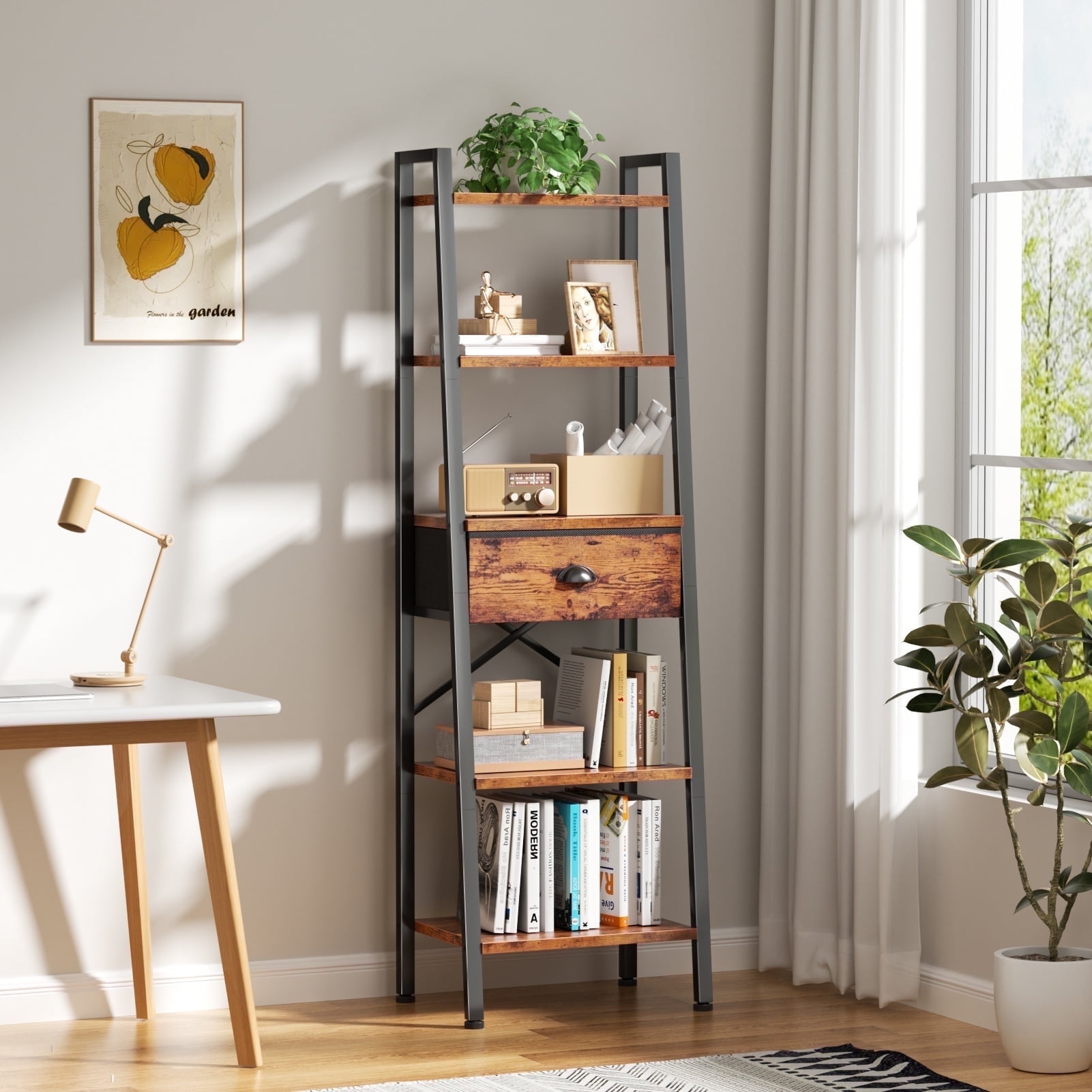 Tydimor 5-Tier 59.5" Ladder Bookshelf with Removable Drawers Narrow ...