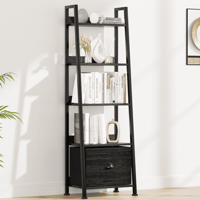 Tydimor 5-Tier Ladder Bookshelf With Drawer, Leaning Bookcase Storage ...