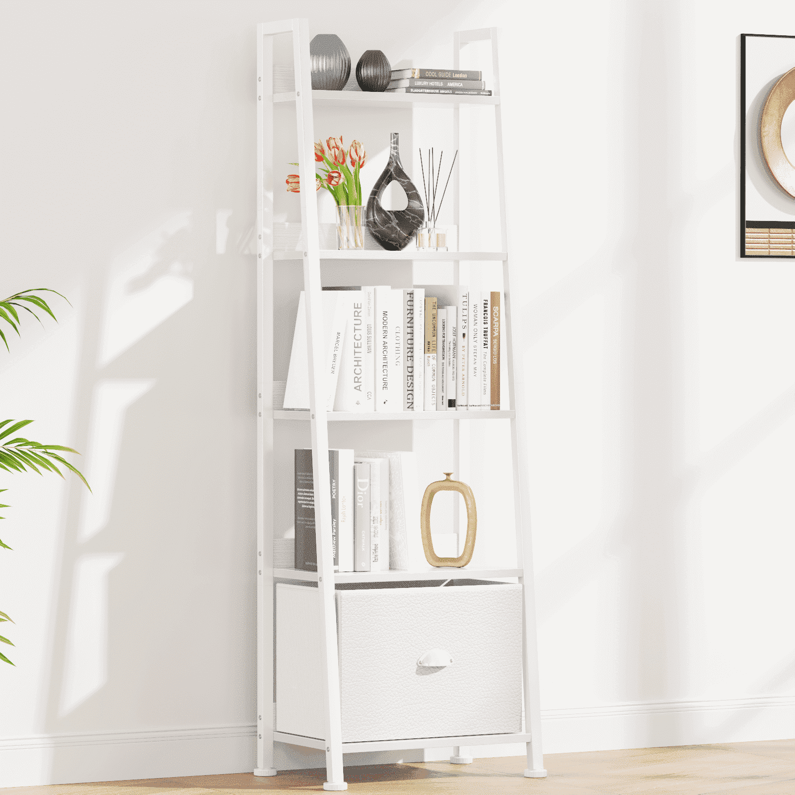 "Tydimor 5-Tier Narrow Ladder Bookshelf, White Storage Shelf with ...