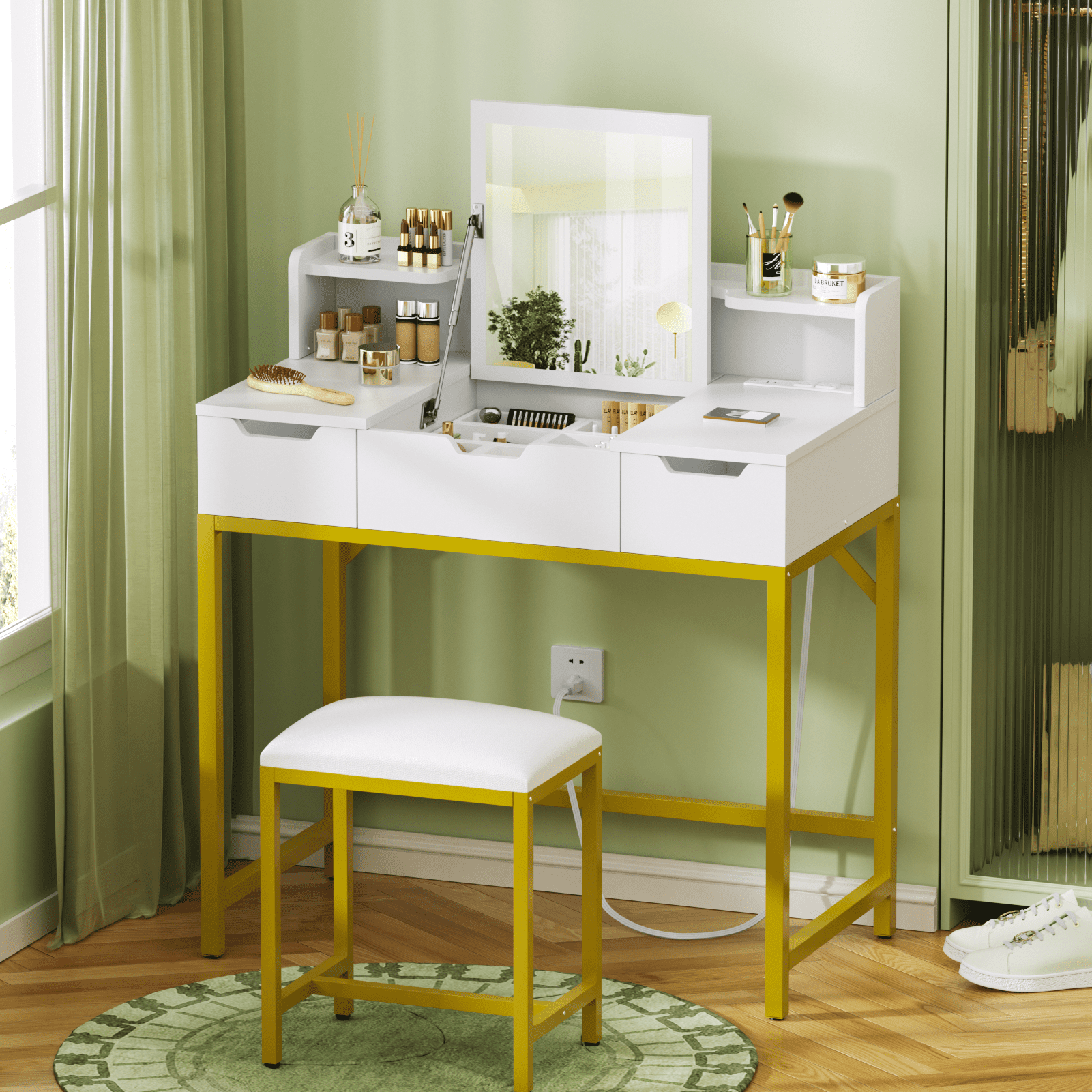Tydimor Flip-top Vanity Set, Women Dressing Table with Outlets, Makeup ...